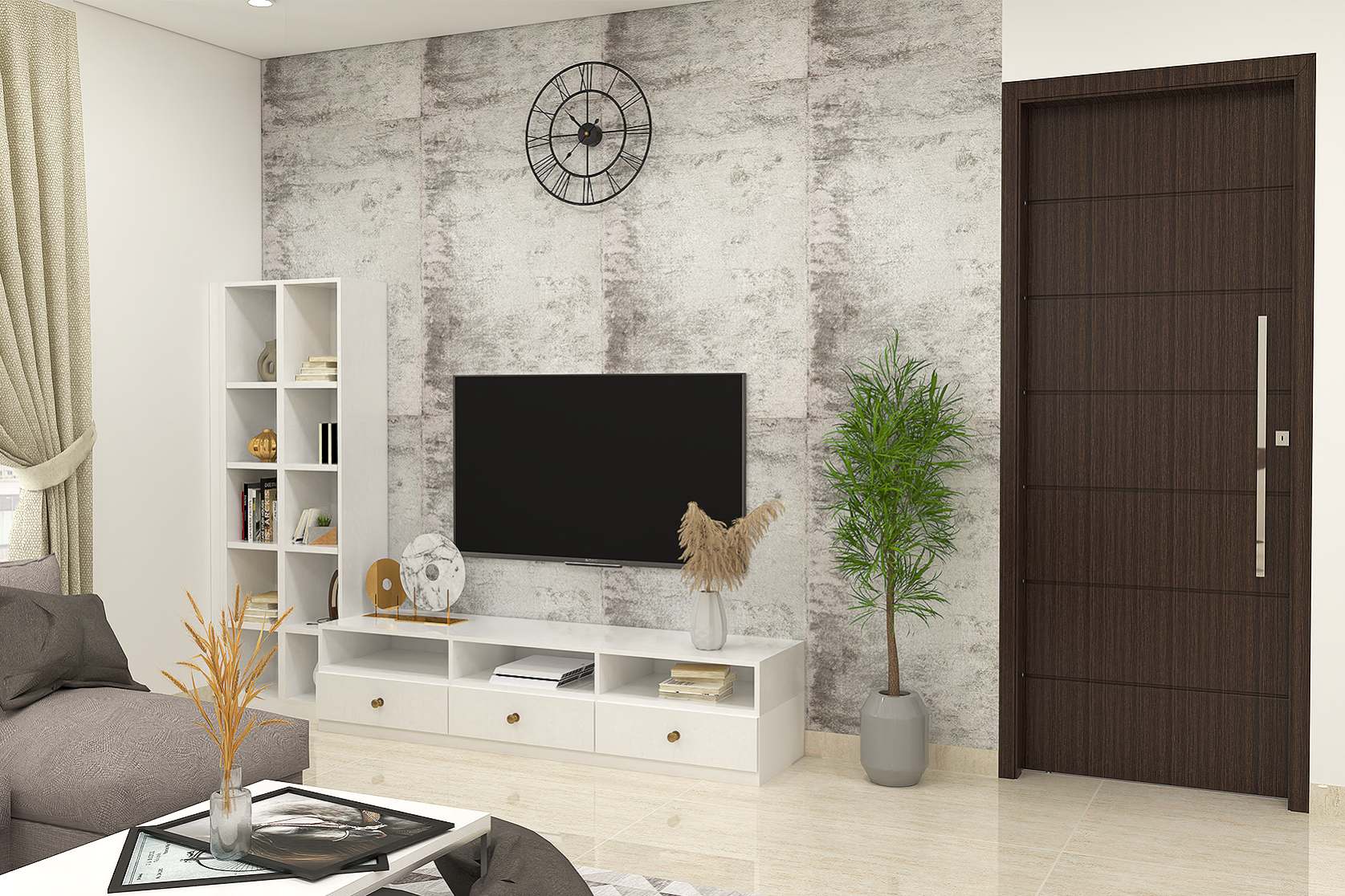 Modern White TV Unit Design With Planter | Livspace