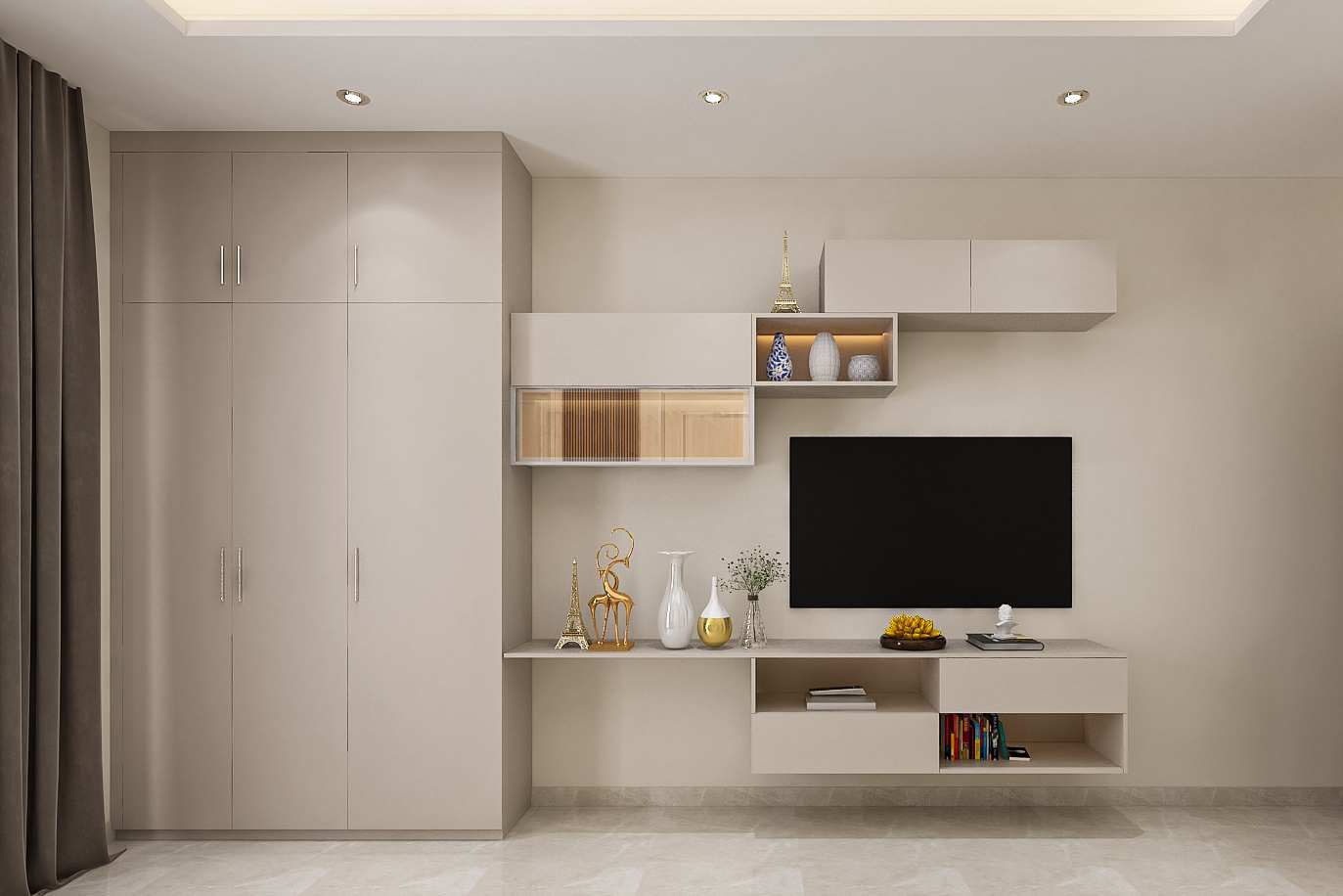 Monochromatic Beige-Themed TV Unit Design With Adequate Storage | Livspace