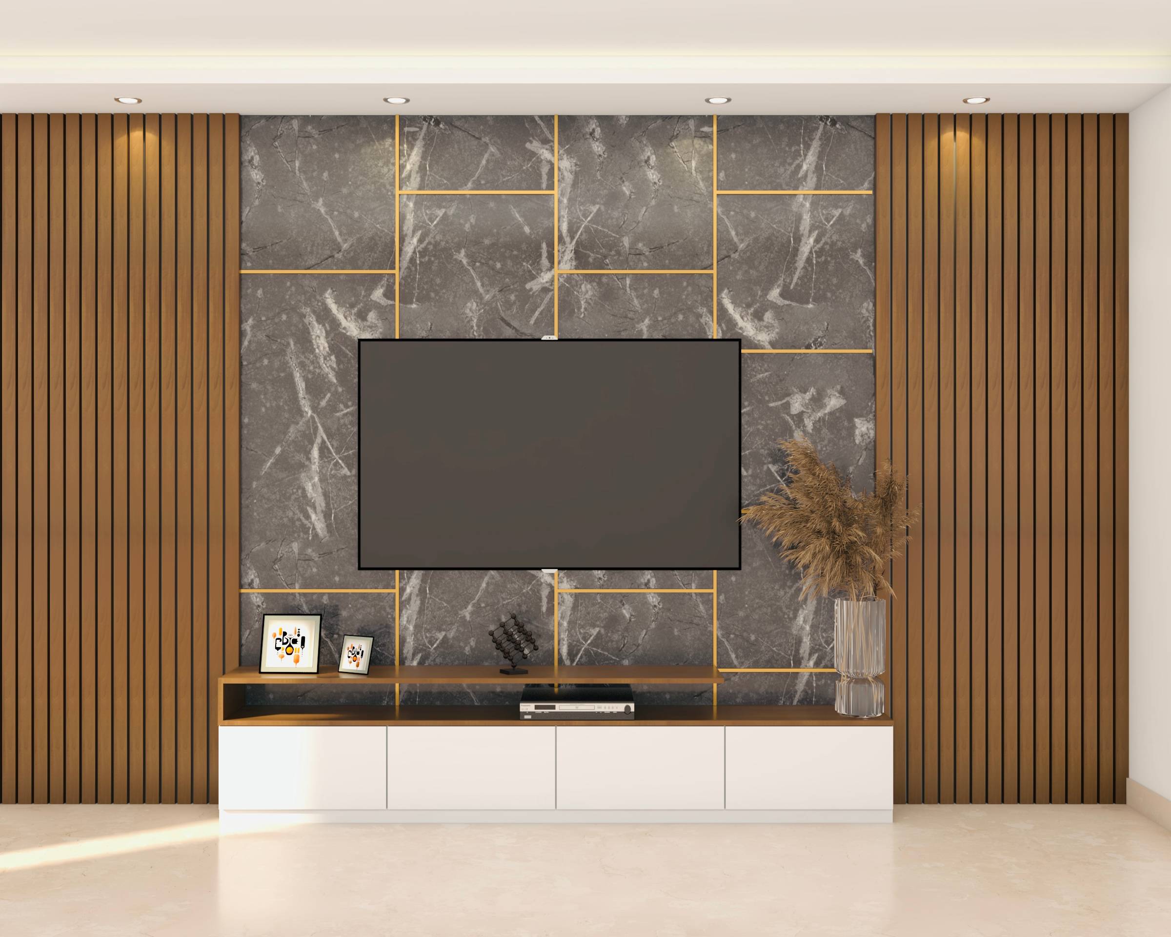 Contemporary TV Unit Design With Fluted Panels And Black Marble ...