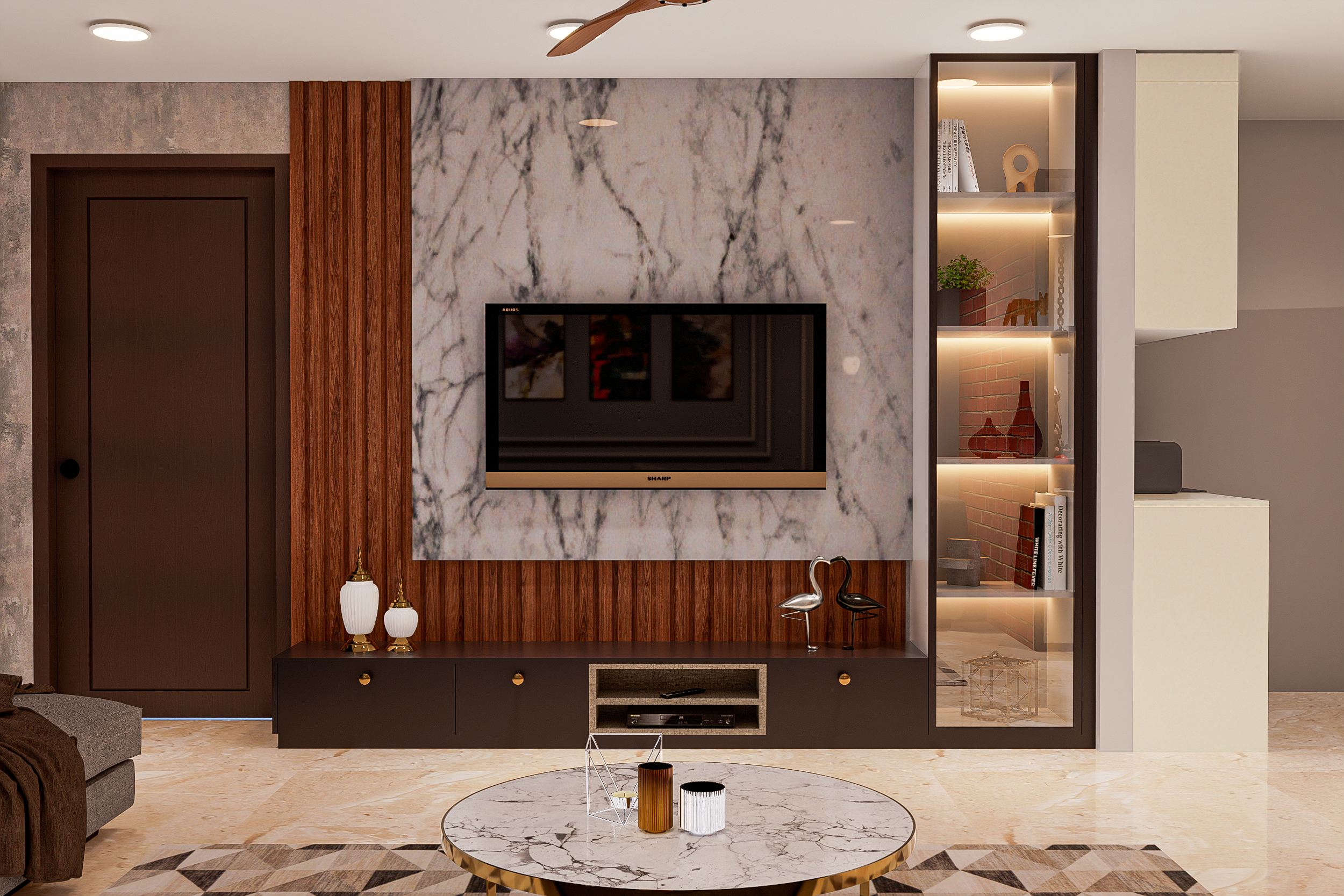 Contemporary TV Unit Design With Wooden Reapers And Marble Wall Panel ...