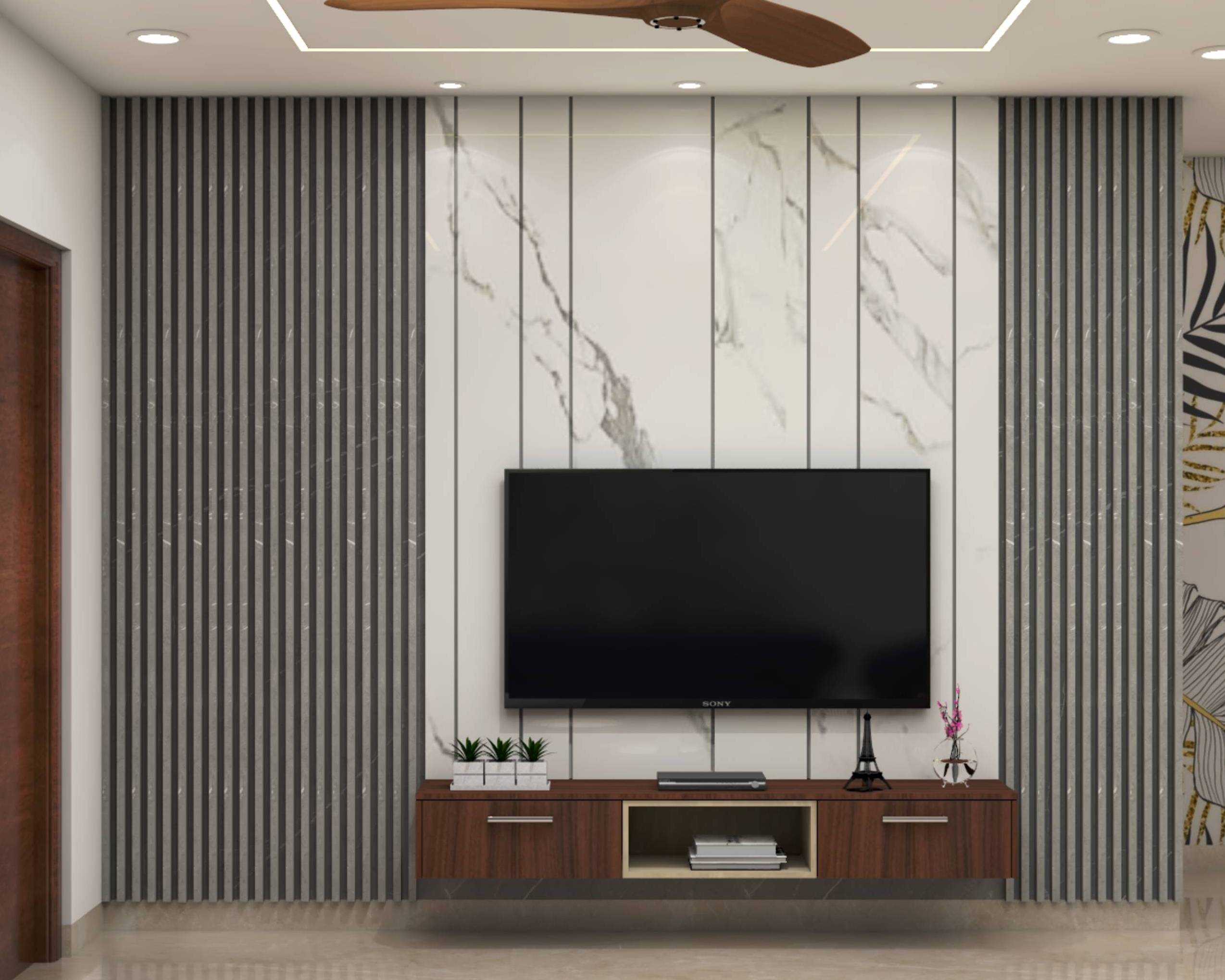 Compact TV Unit Design With White Marble Backdrop And Grey Panels ...