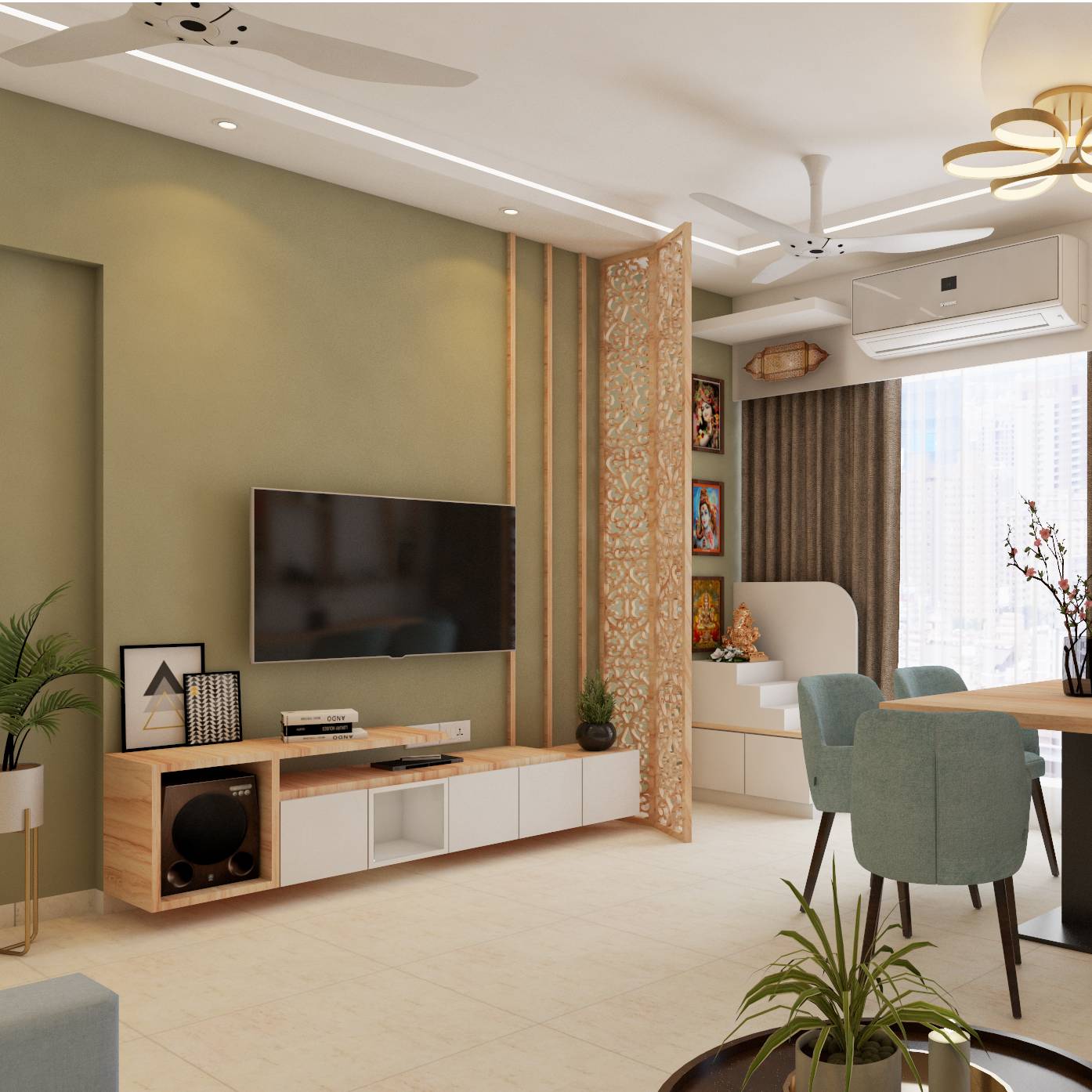 Modern TV Unit Design With Olive Green Paint And Wooden Panels | Livspace