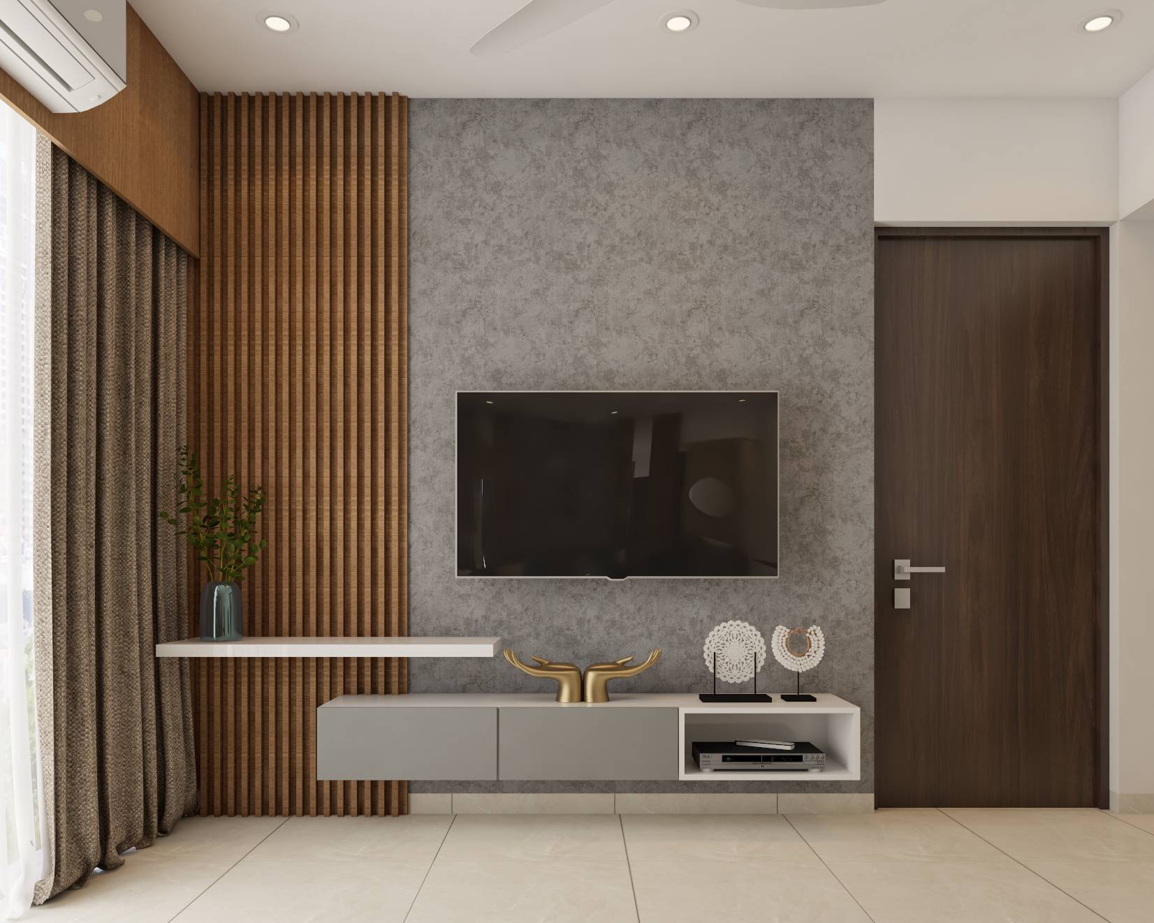 Spacious TV Unit Design With Grey Backdrop And Floating Ledge | Livspace