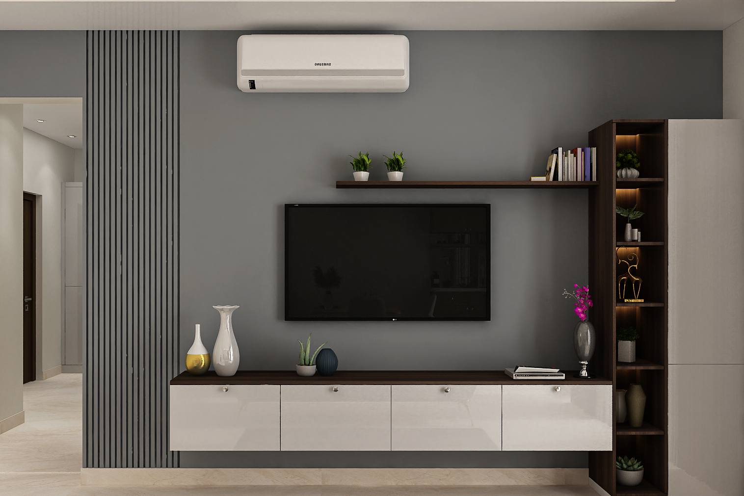 Grey Modern TV Unit Design With Vertical Panels | Livspace