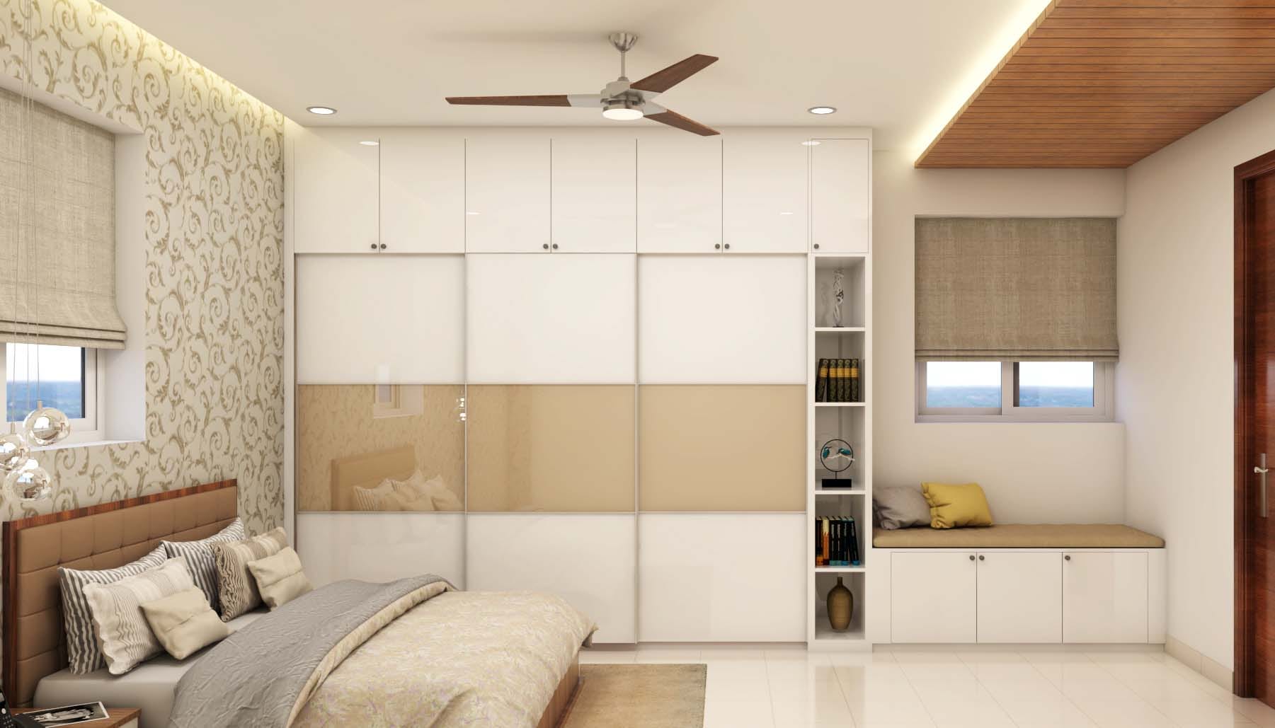 Contemporary Sliding Door Wardrobe Design With Beige And White Finishes ...