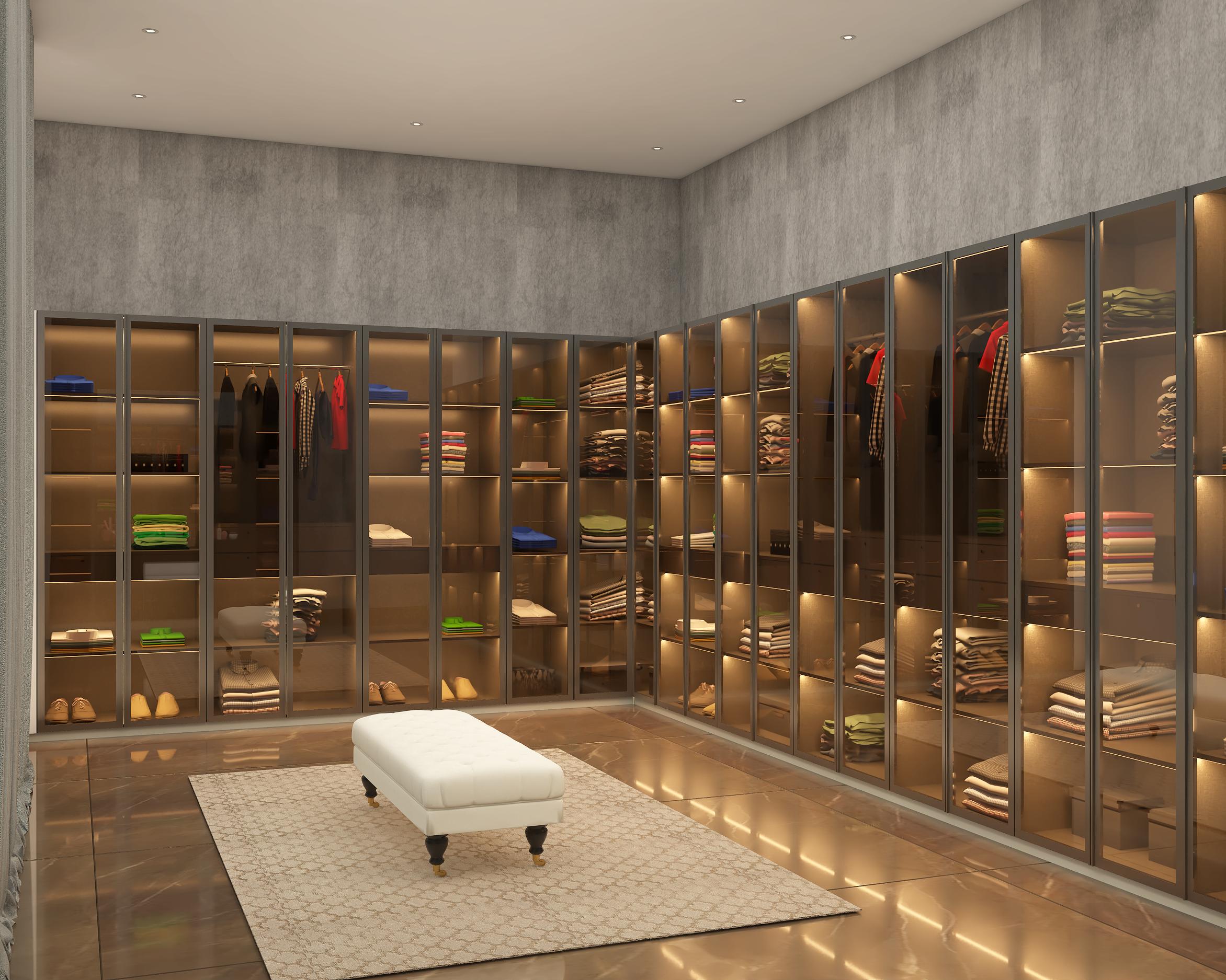 Modern Walk-In Wardrobe With Glass Doors | Livspace