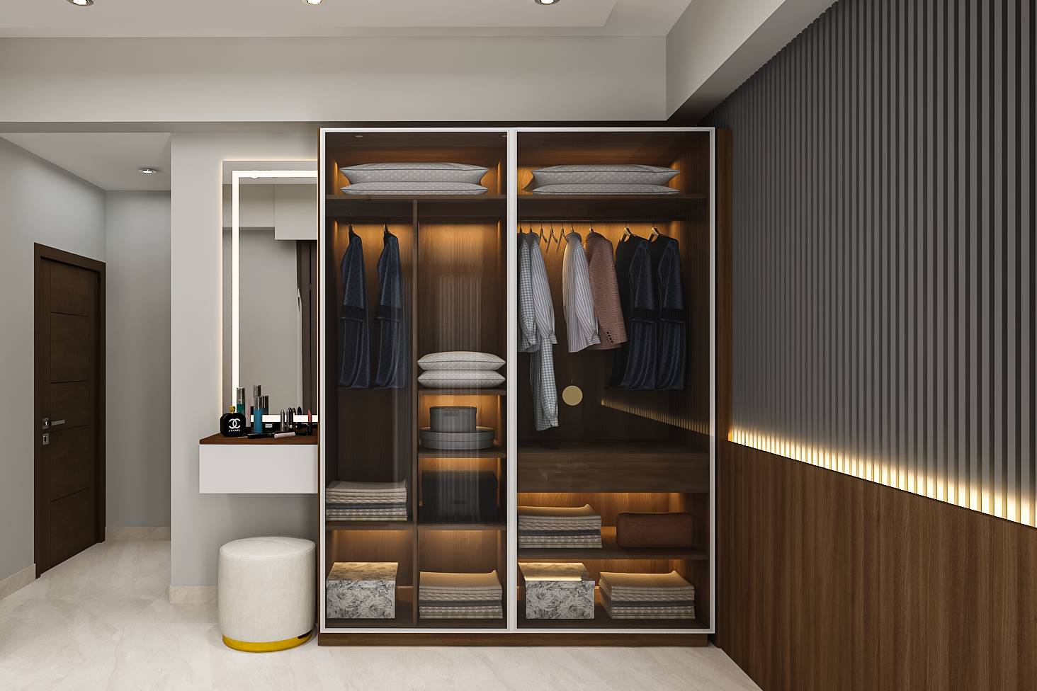 Wooden Modern Wardrobe Design With Undershelf Lighting | Livspace