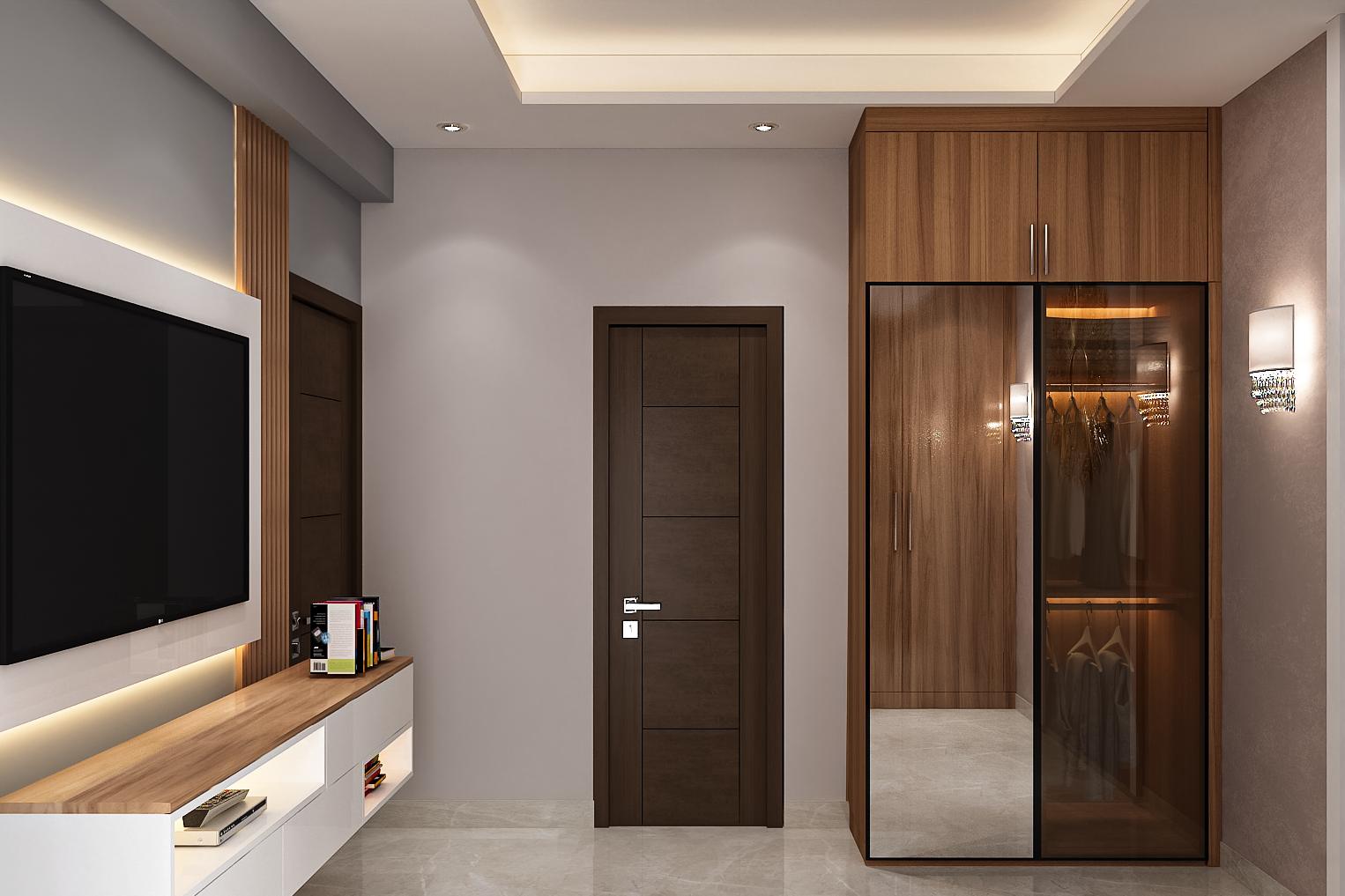 Wooden Contemporary Wardrobe Design With Mirror | Livspace