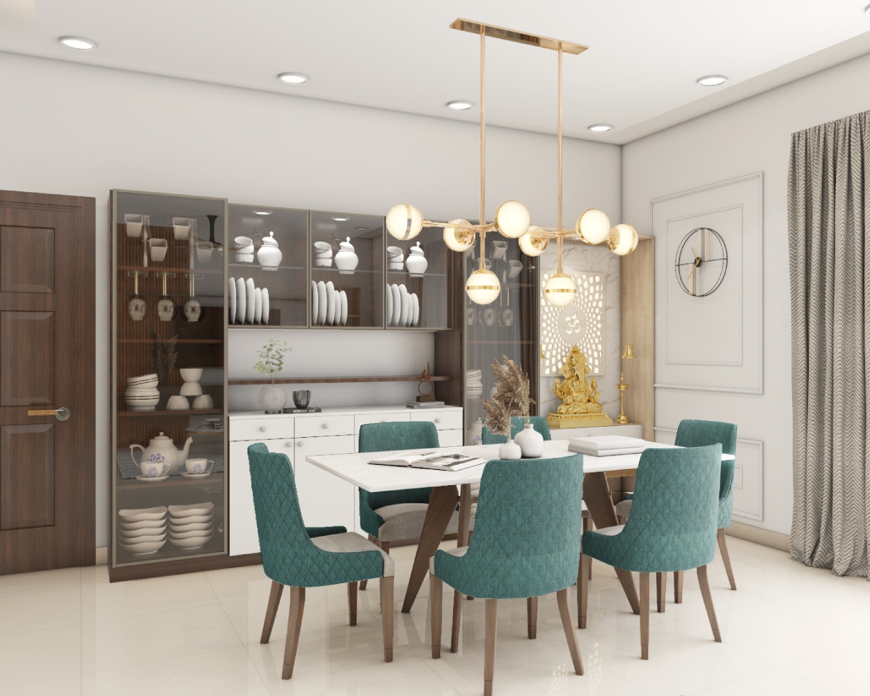 Dining Room Design With 6-Seater White Quartz Dining Table And Glass ...