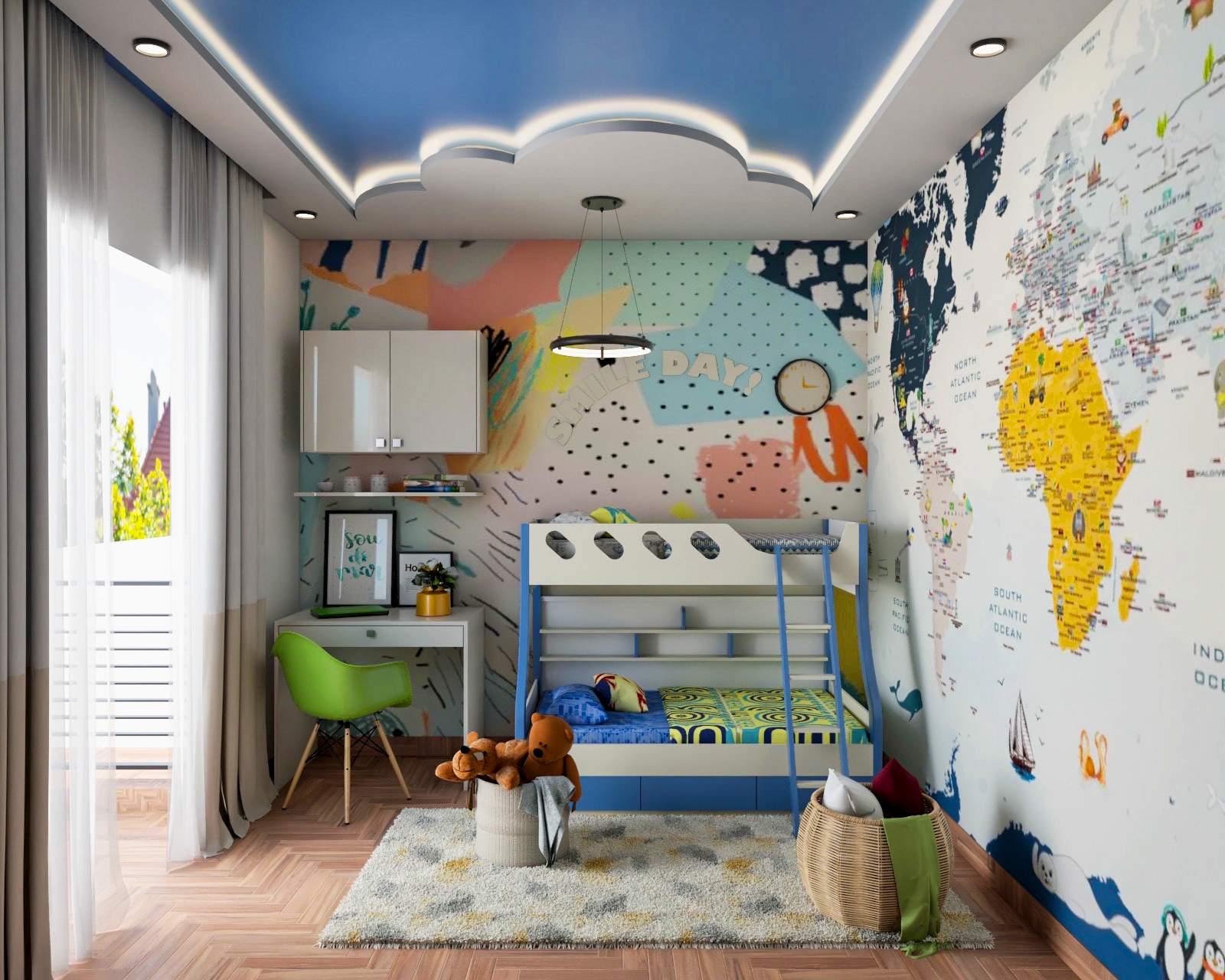 Rectangular Cloud-Shaped POP Ceiling Design In White And Blue | Livspace