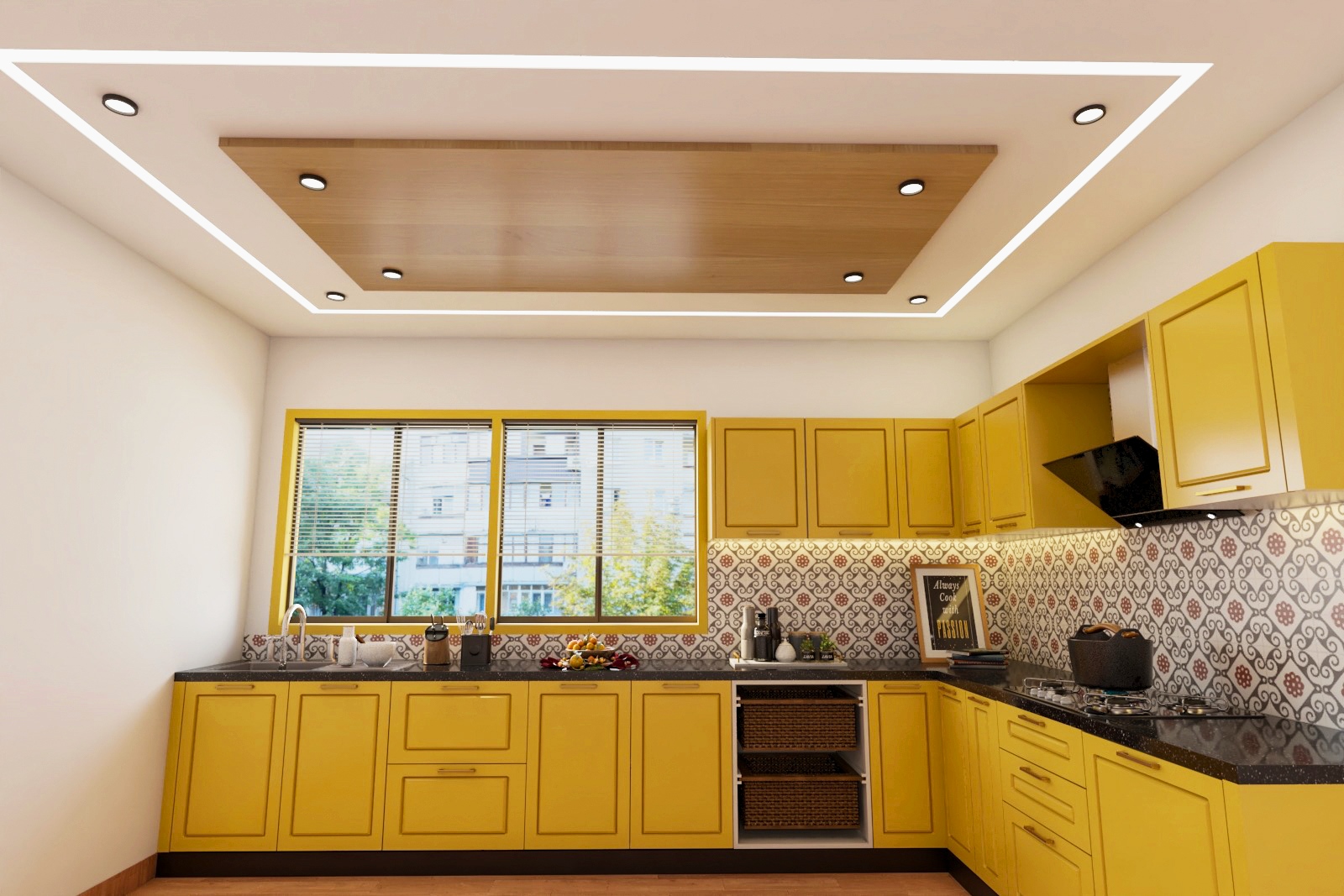 Wooden And Gypsum Multi-Layered False Ceiling Design For The Kitchen ...