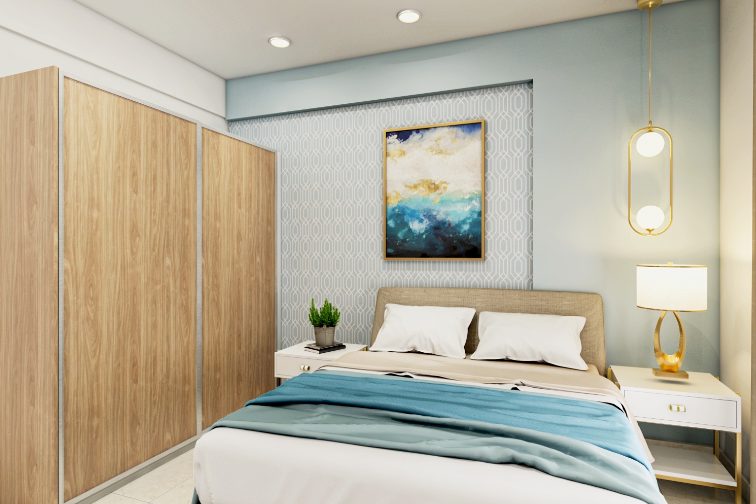 Blue And Wood Guest Room Design With 2-Door Sliding Wardrobe - 13x12 Ft ...