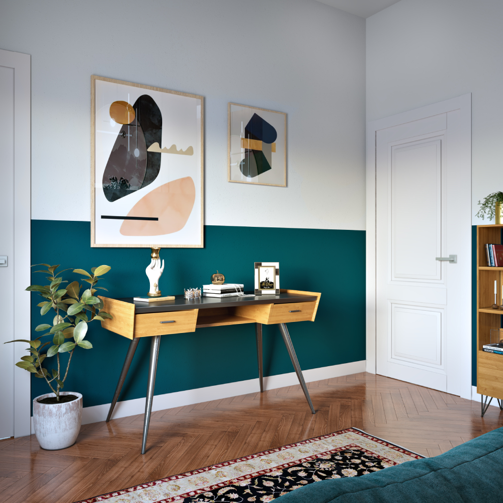 Home Office Design With Wooden Study Table And Dual-Toned Wall - 9x9 Ft ...