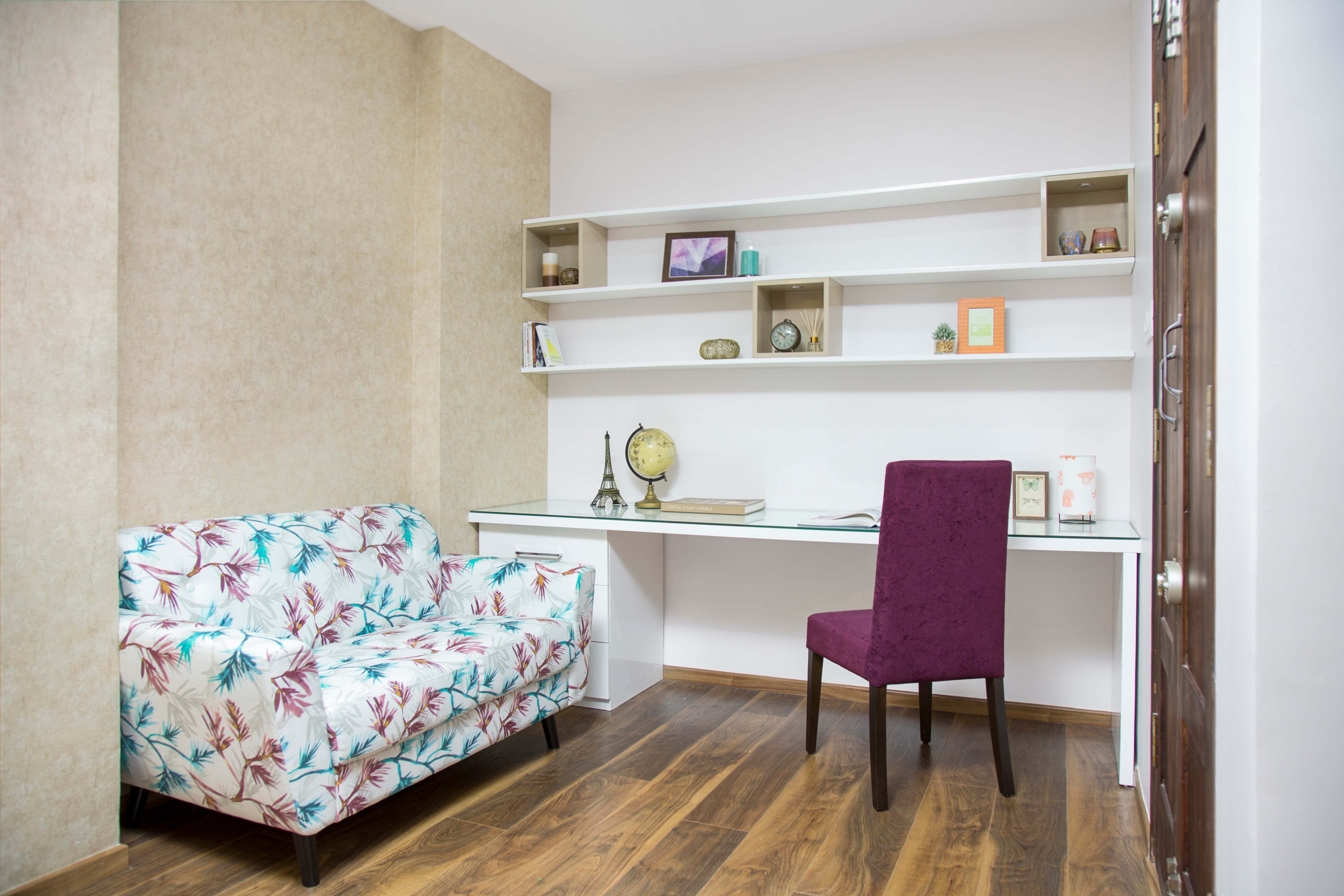 Beige And Frosty White Home Office Design With Purple Velvet Accent ...