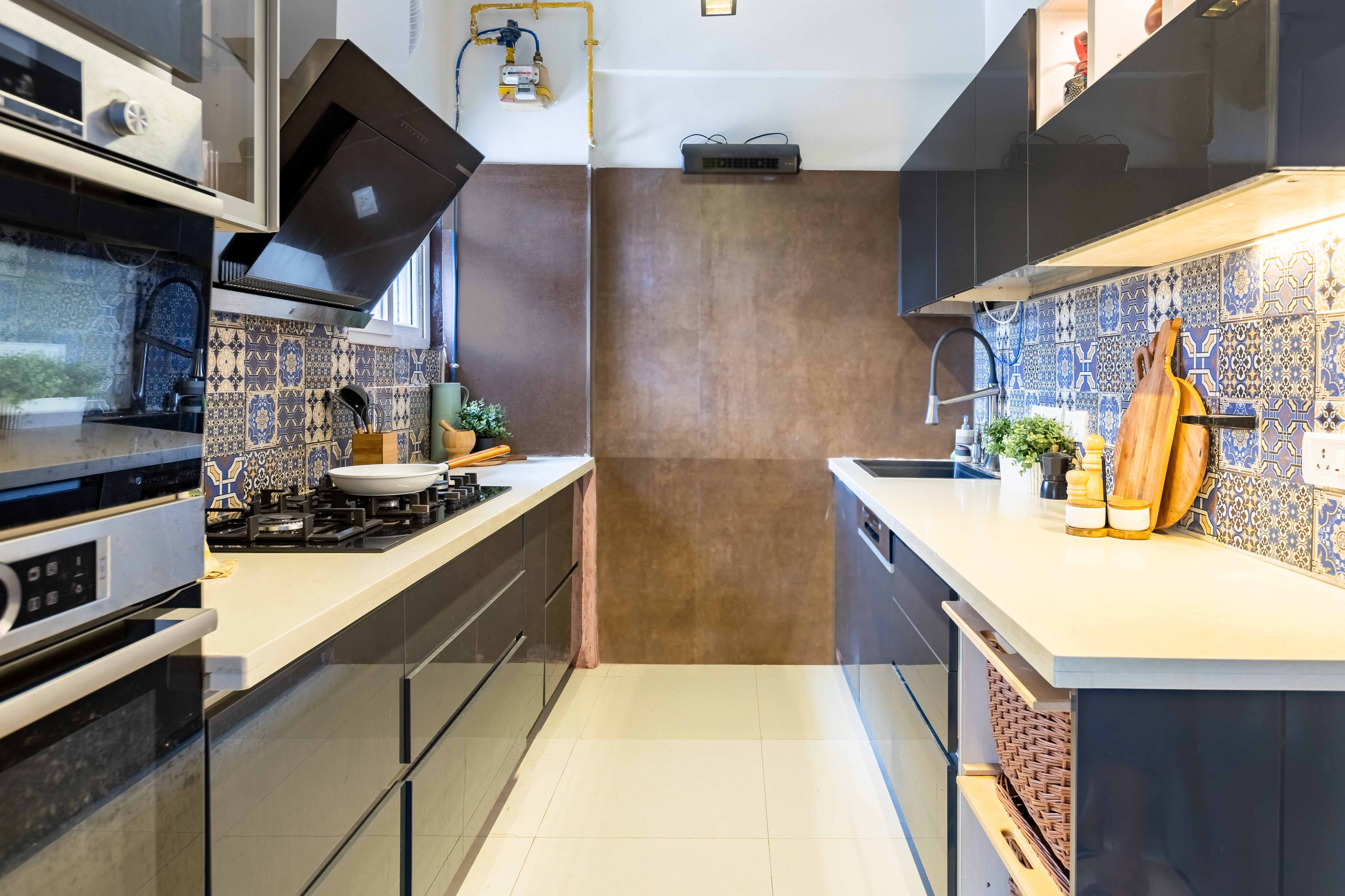 Modern Parallel Kitchen Design with Dark Grey Cabinets - 7x9 Ft | Livspace