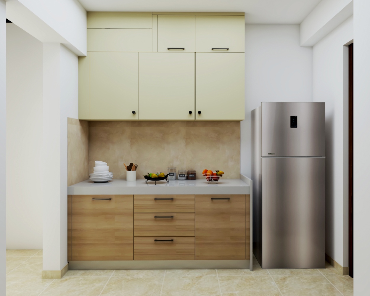 Modern Teak and Magnolia Kitchen Design with Suede Finish - 9x8 Ft ...