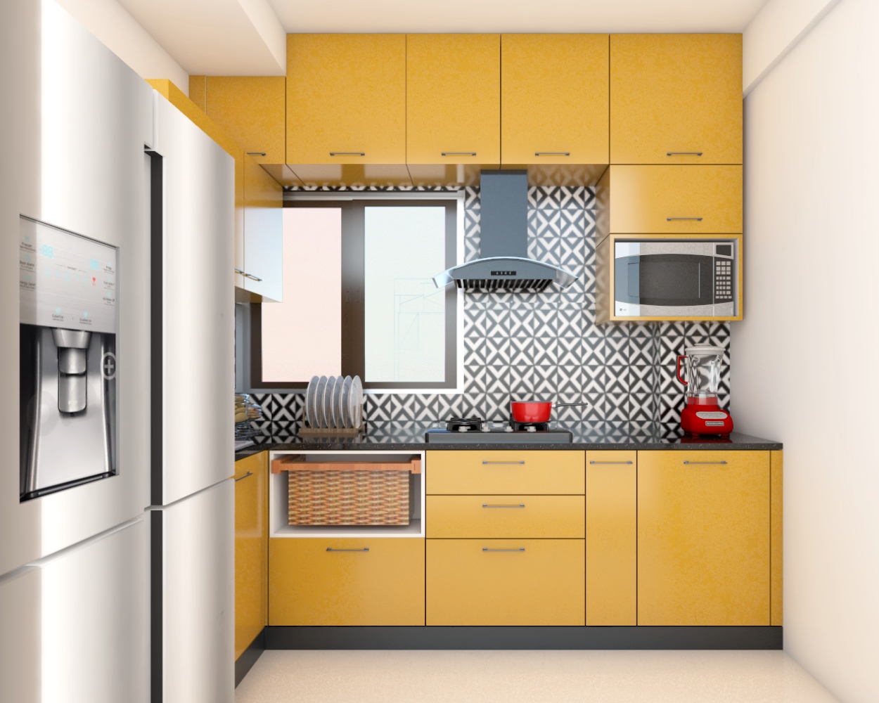 Modern Peak Yellow Kitchen Design With Suede Finish - 9x8 Ft | Livspace