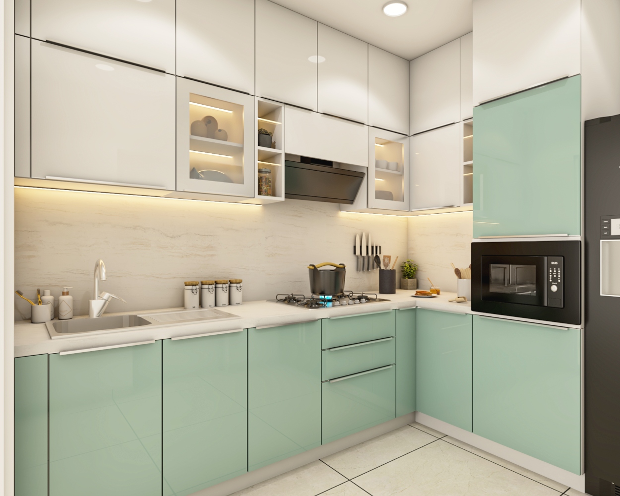 L-Shape Modular Kitchen Design With Aqua Green And Frosty White ...