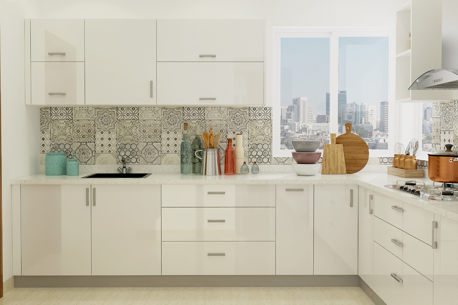 Contemporary Frosty White Kitchen Design with High Gloss Finish and Marble Countertop - 10x9 Ft ...