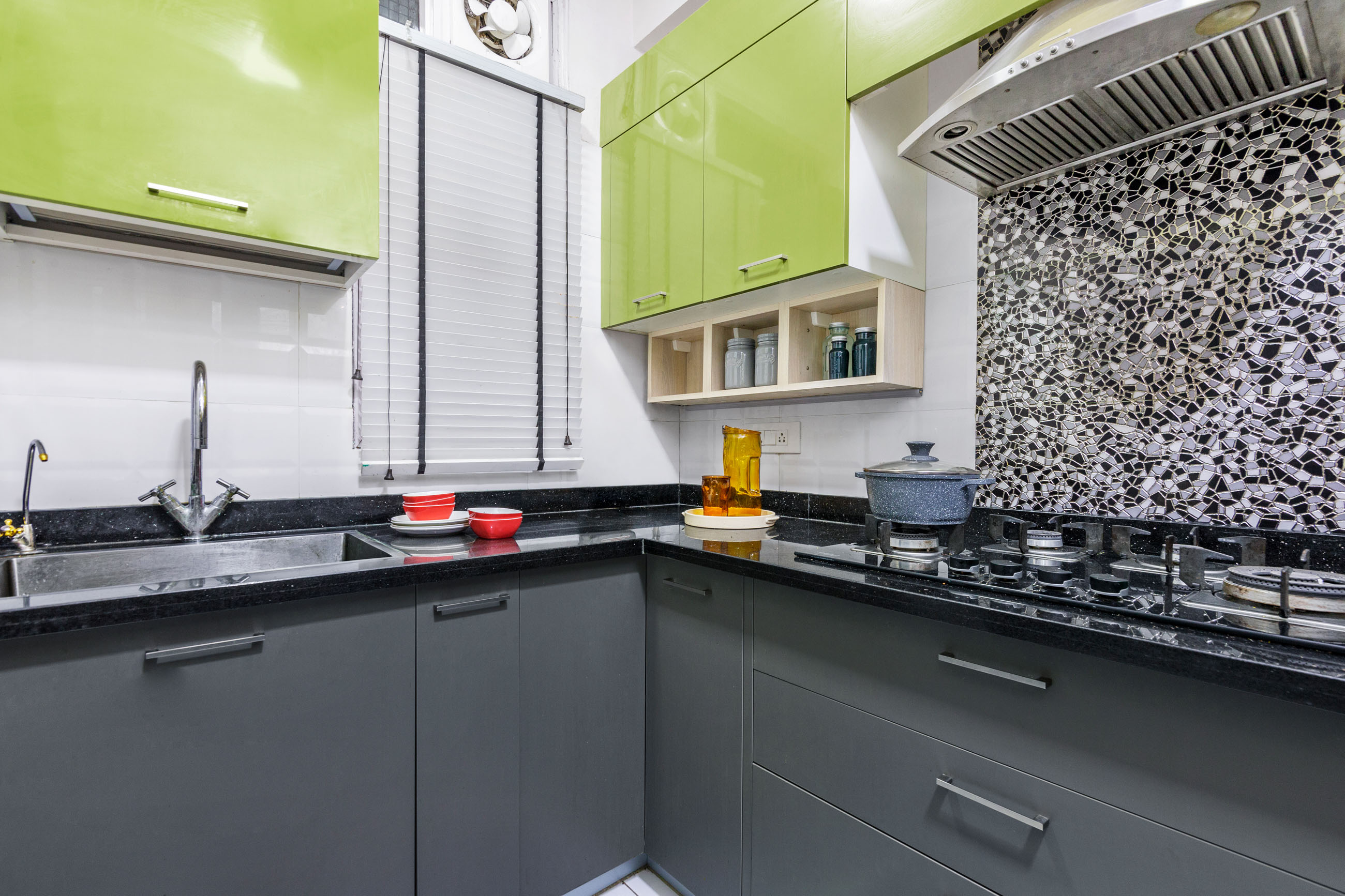 Modern L-Shape Modular Kitchen Design with Dark Grey Base and Tall ...