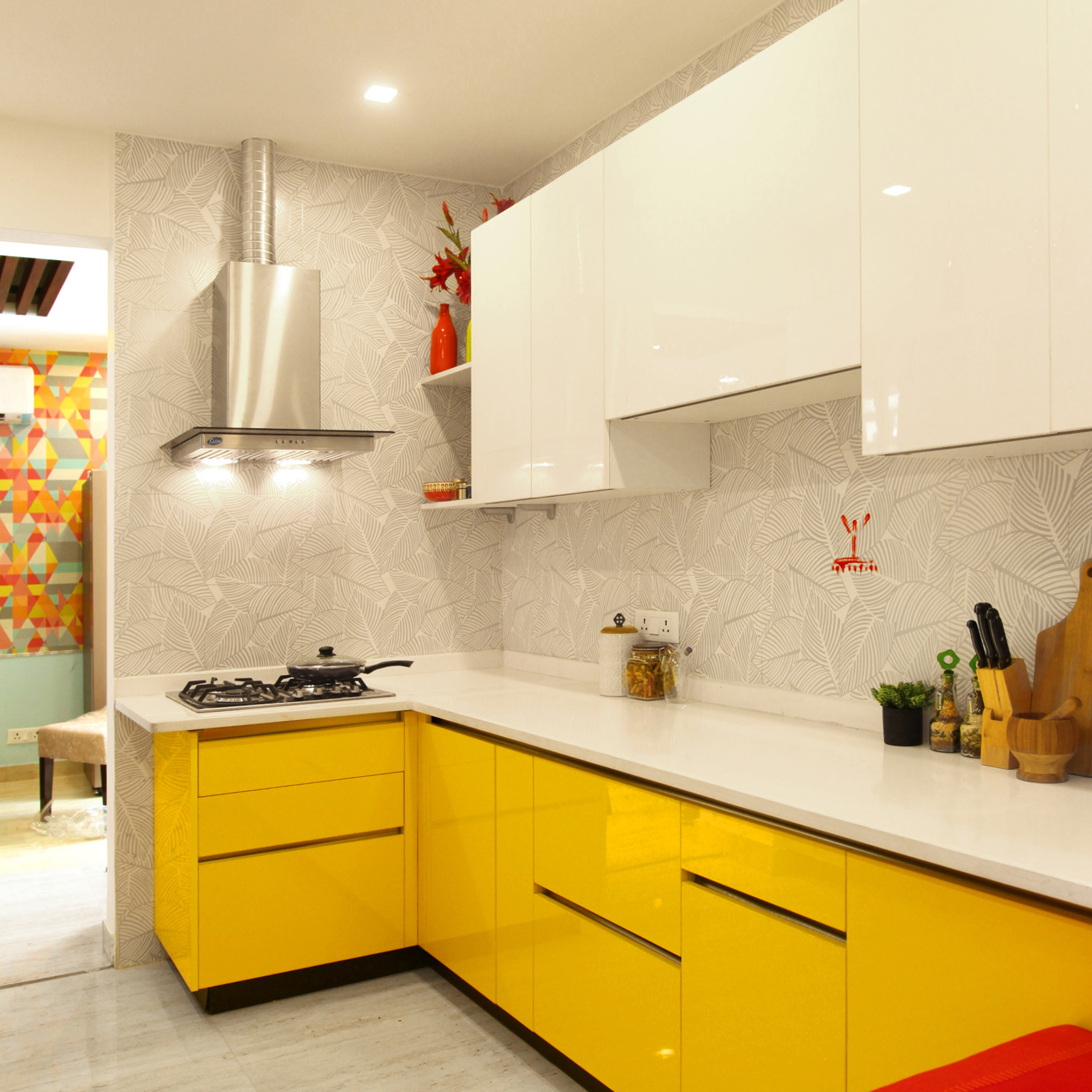 Contemporary L-Shape Modular Kitchen Design with Marigold Base Unit ...