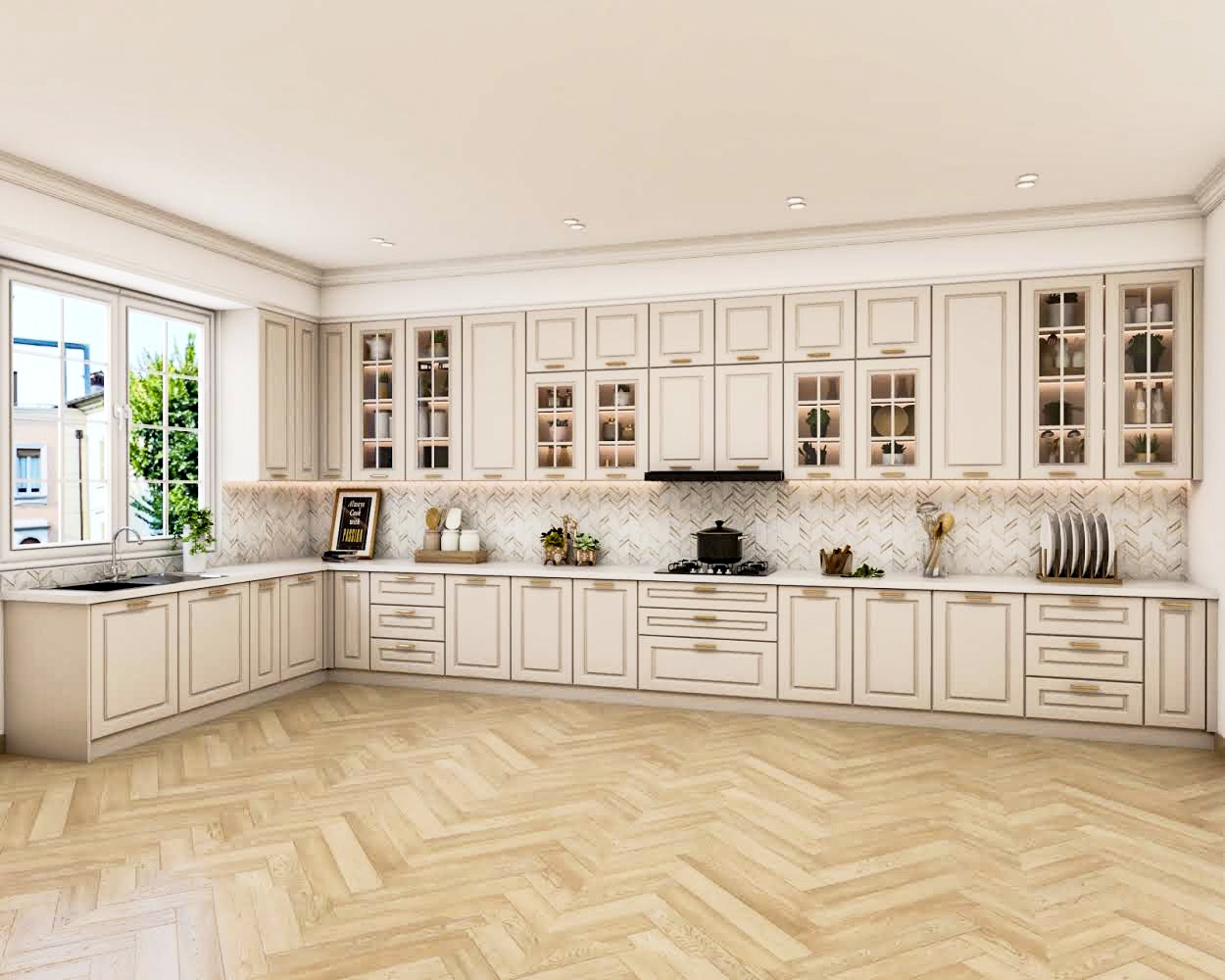 L-Shaped Modular Kitchen Design With Montone Cabinets And Herringbone ...