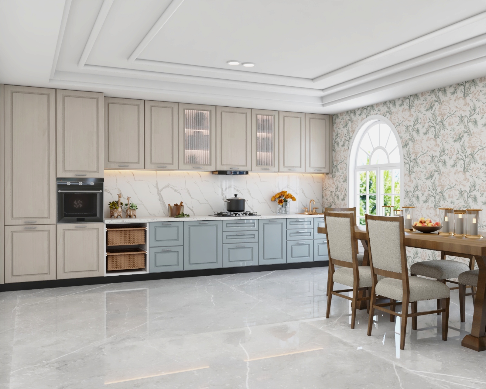 Modern Classic Modular Straight Kitchen Design In Beige And Blue With A ...