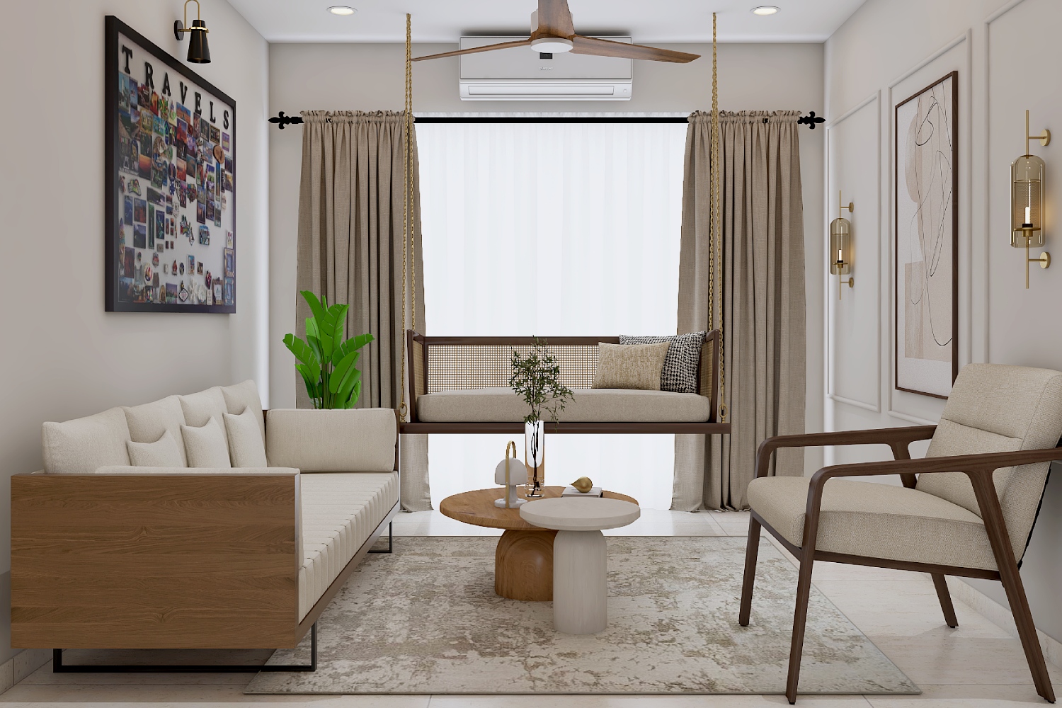 Living Room Design With 4-Seater Cream Sofa And Wooden Swing - 12x12 Ft ...