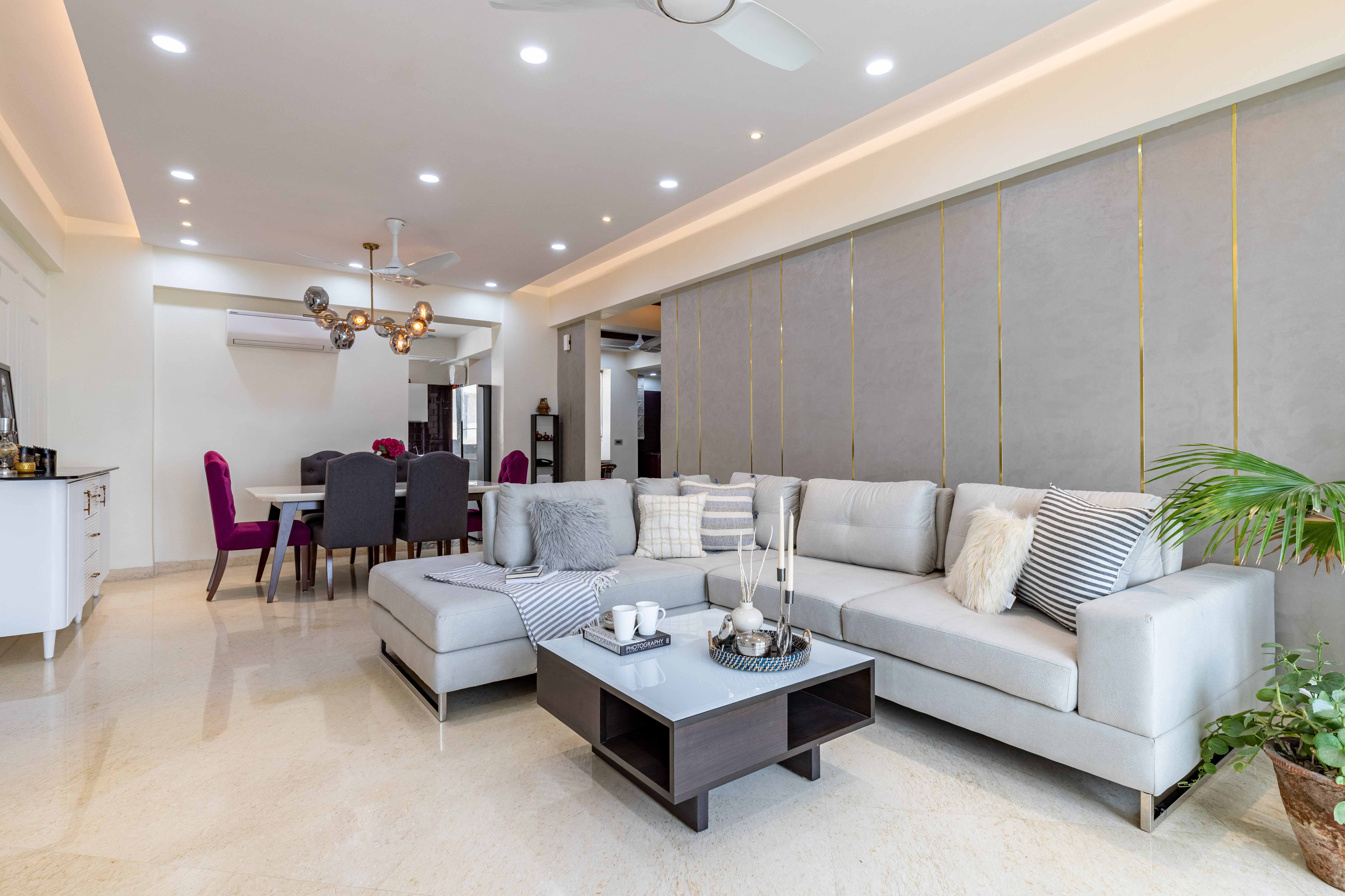 Living Room Design With Grey Accent Wall And Gold Stripes - 10x9 Ft ...