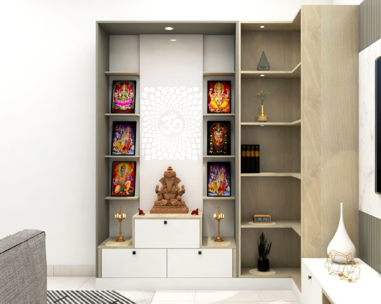 Floor-Mounted White And Brown Mandir Unit Design - 3x1x7 Ft | Livspace