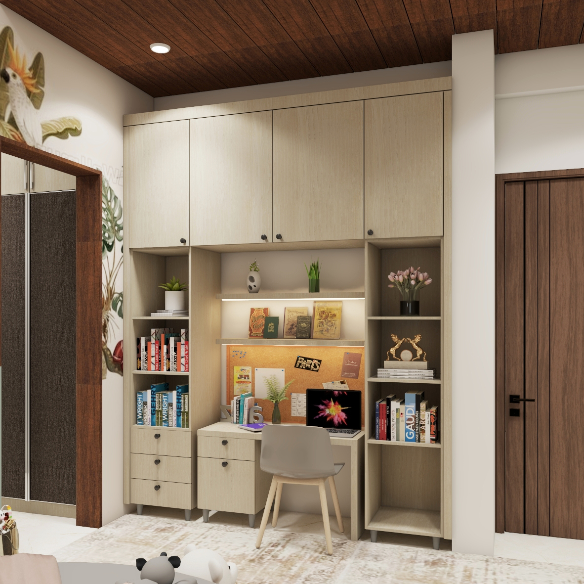 Acacia-Toned Study Room Design With Open Shelves And Under-Shelf ...