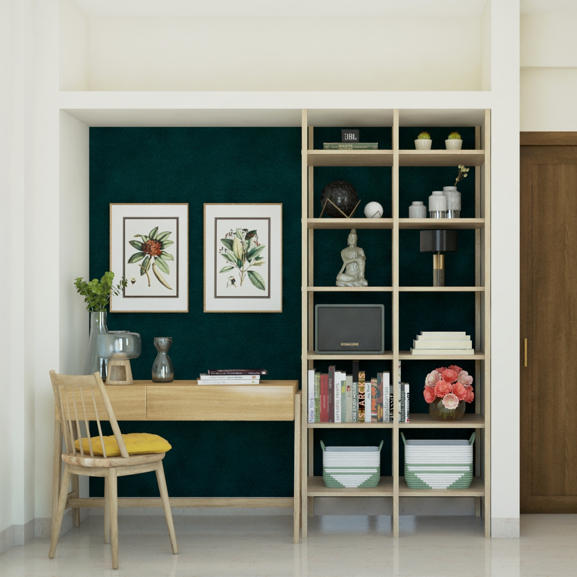 Modern Study Room Design With Emerald Green Wallpaper | Livspace