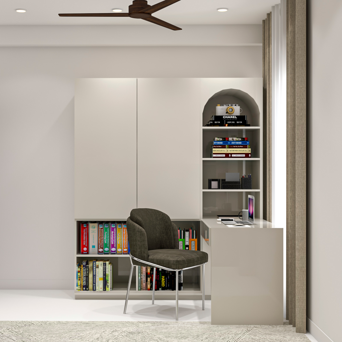 Contemporary Grey Study Room Design With Open Shelves For Storage ...