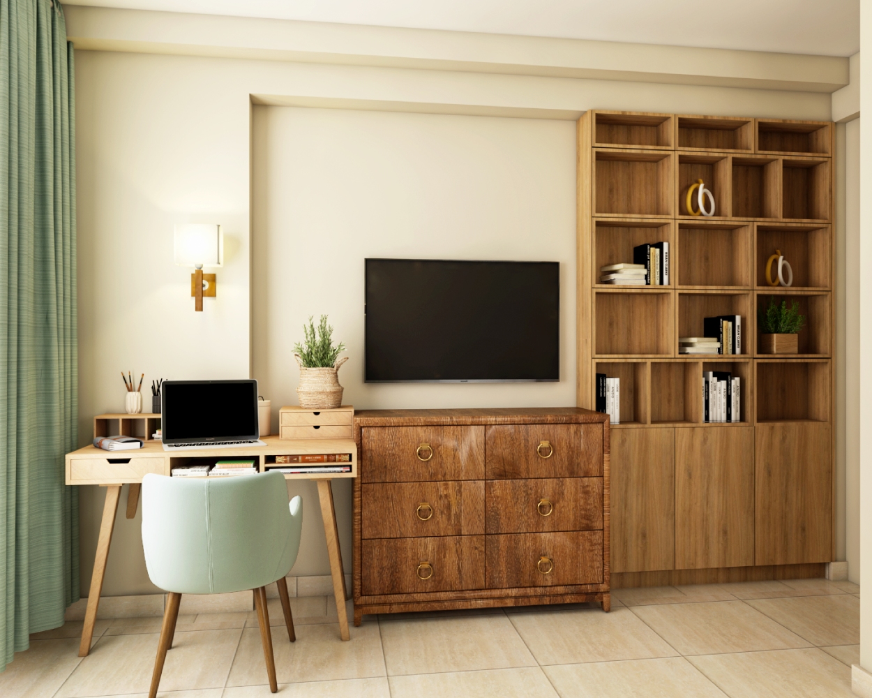 Wooden Study Room Design Details With Integrated TV Unit | Livspace