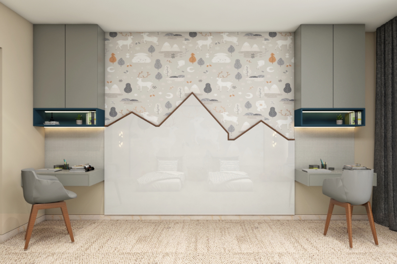 Contemporary Grey And Blue Study Room Design For Two | Livspace