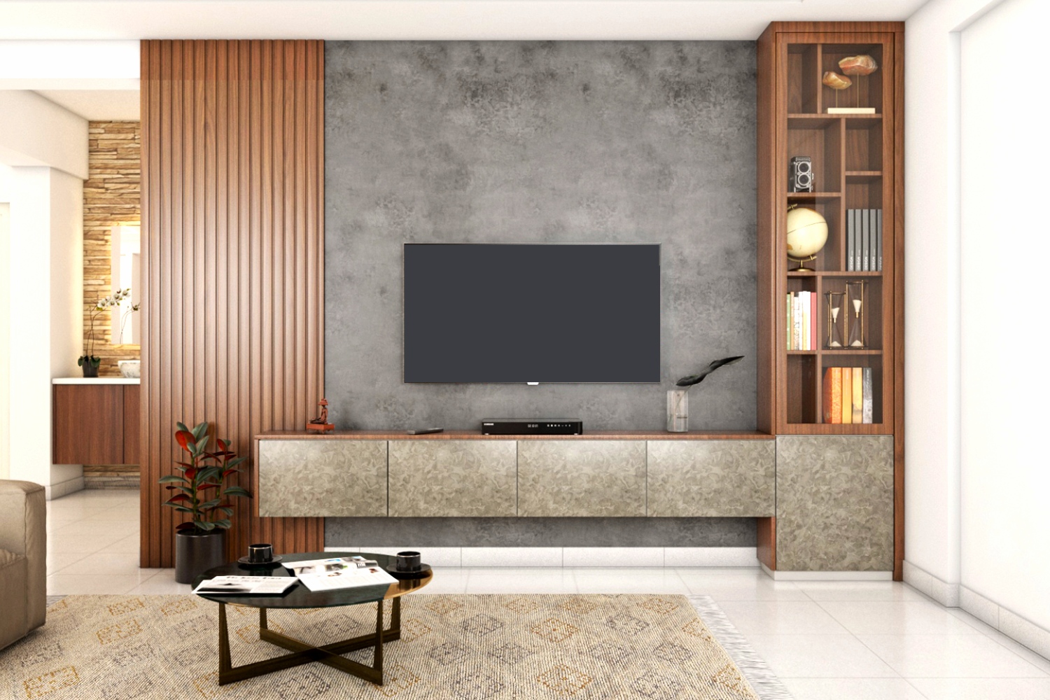 TV Unit Design With Grey Accent Wall And Wooden Fluted Panels - 12x11 ...