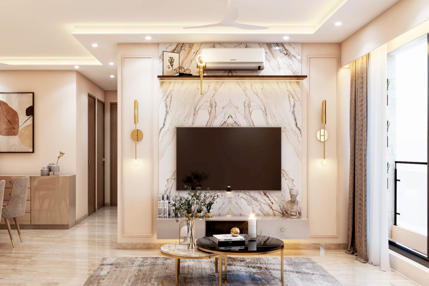 Smoke Grey TV Unit Design With Marble Accent Wall - 12x11 Ft | Livspace