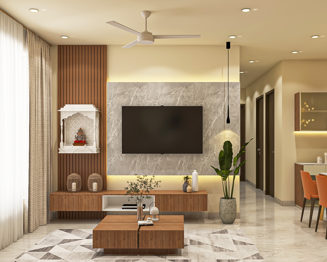 TV Unit Design With Grey Marble Accent Wall And Wooden Fluted Panels ...