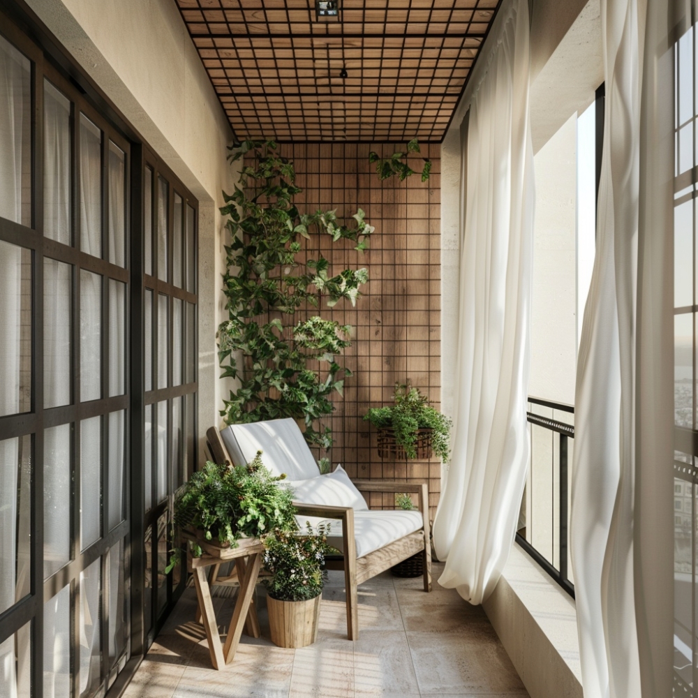 Wooden Ceiling and Metal Plant Frame Tropical Balcony Design with ...