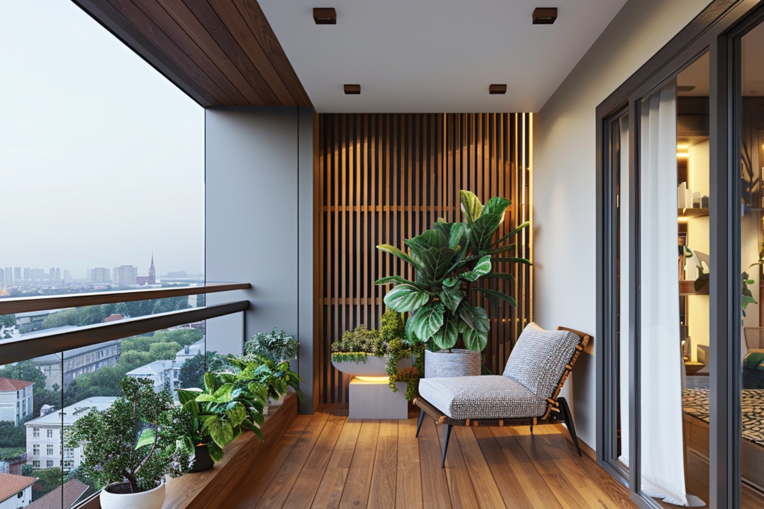 Wooden Panels and Warm Wooden Flooring Tropical Balcony Design | Livspace