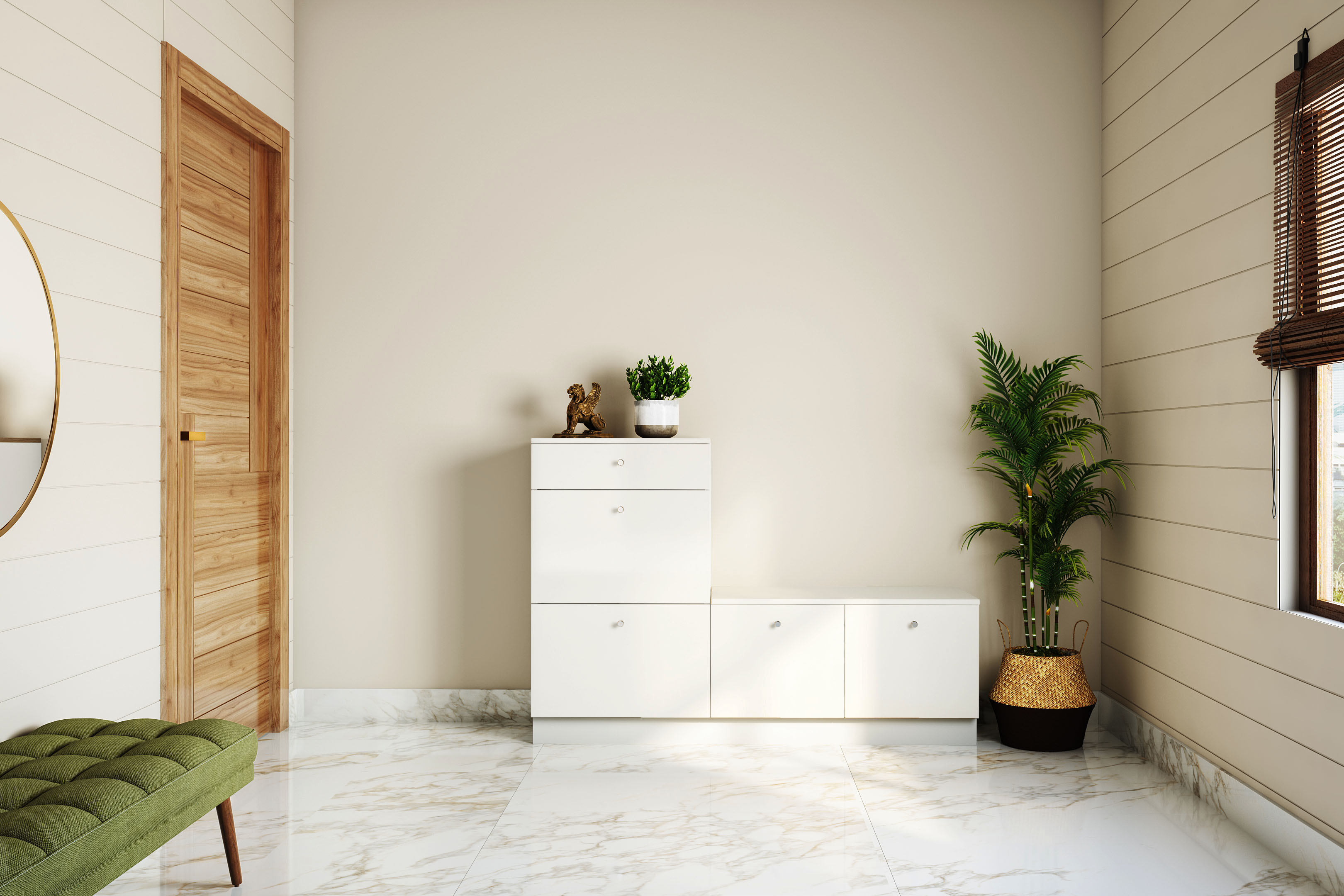 Functional Scandinavian Foyer Design with Floor Mounted Storage for ...