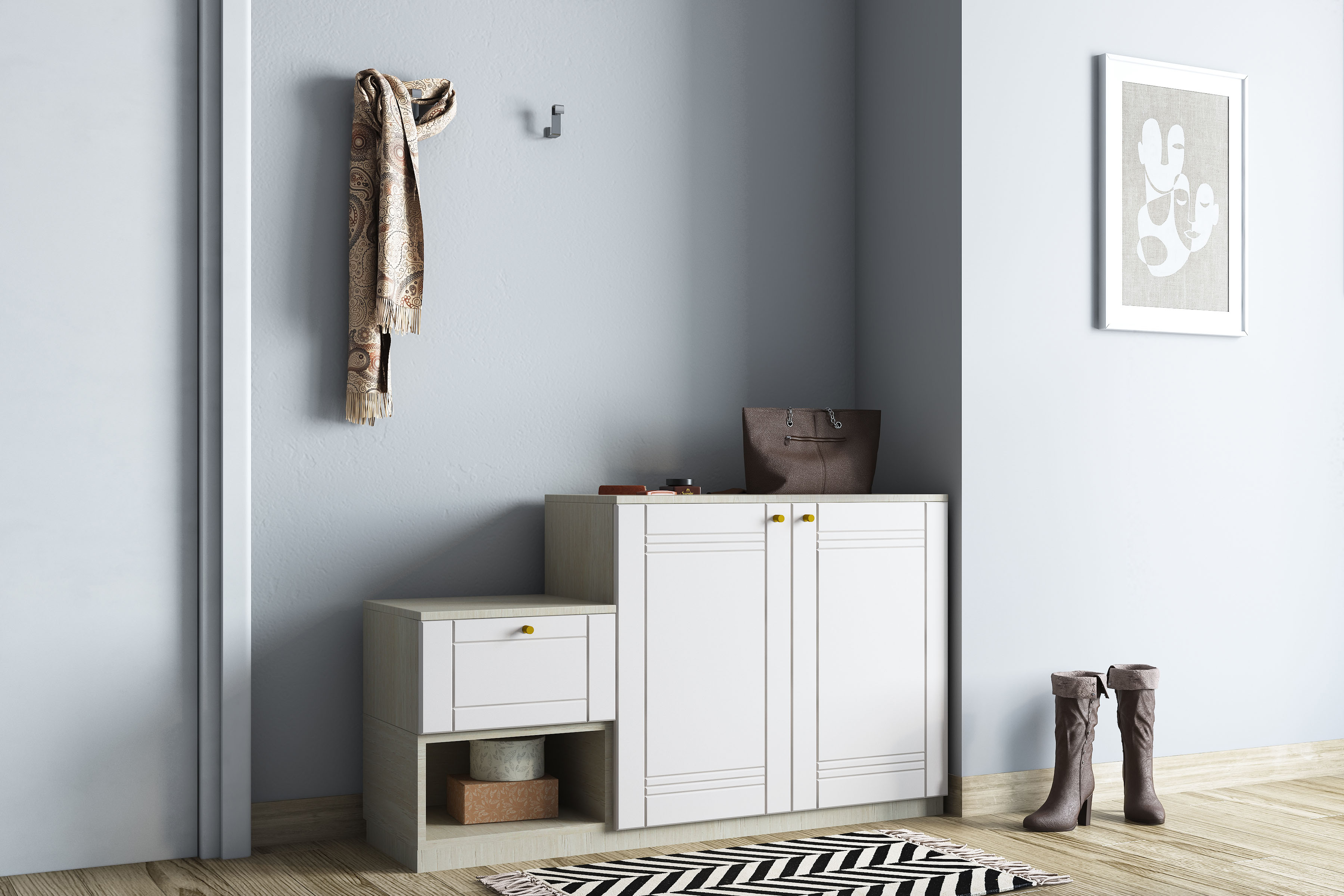 Spacious Modern Foyer Design with Floor Mounted Open and Closed Storage ...