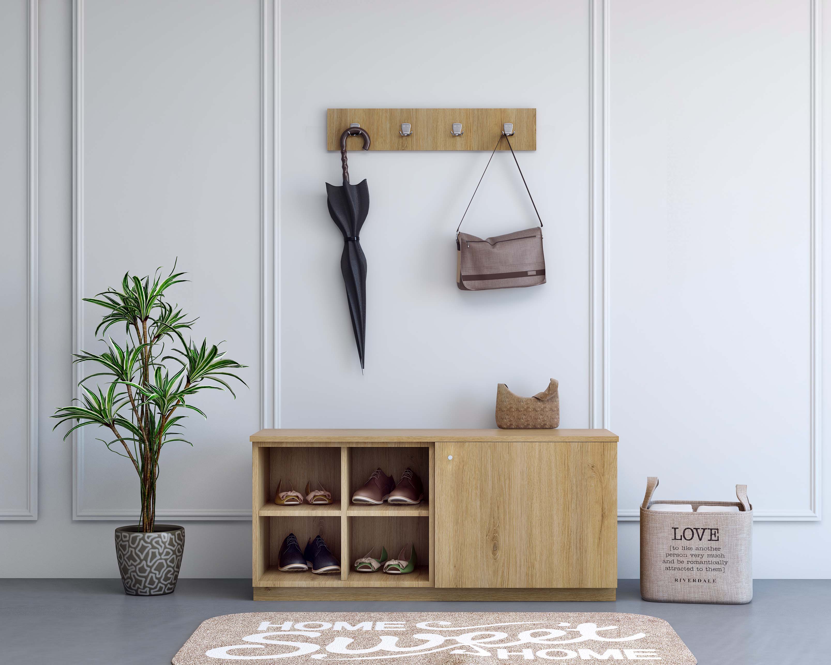 Transitional Foyer Design with Suede Finish Laminate and White Wall ...