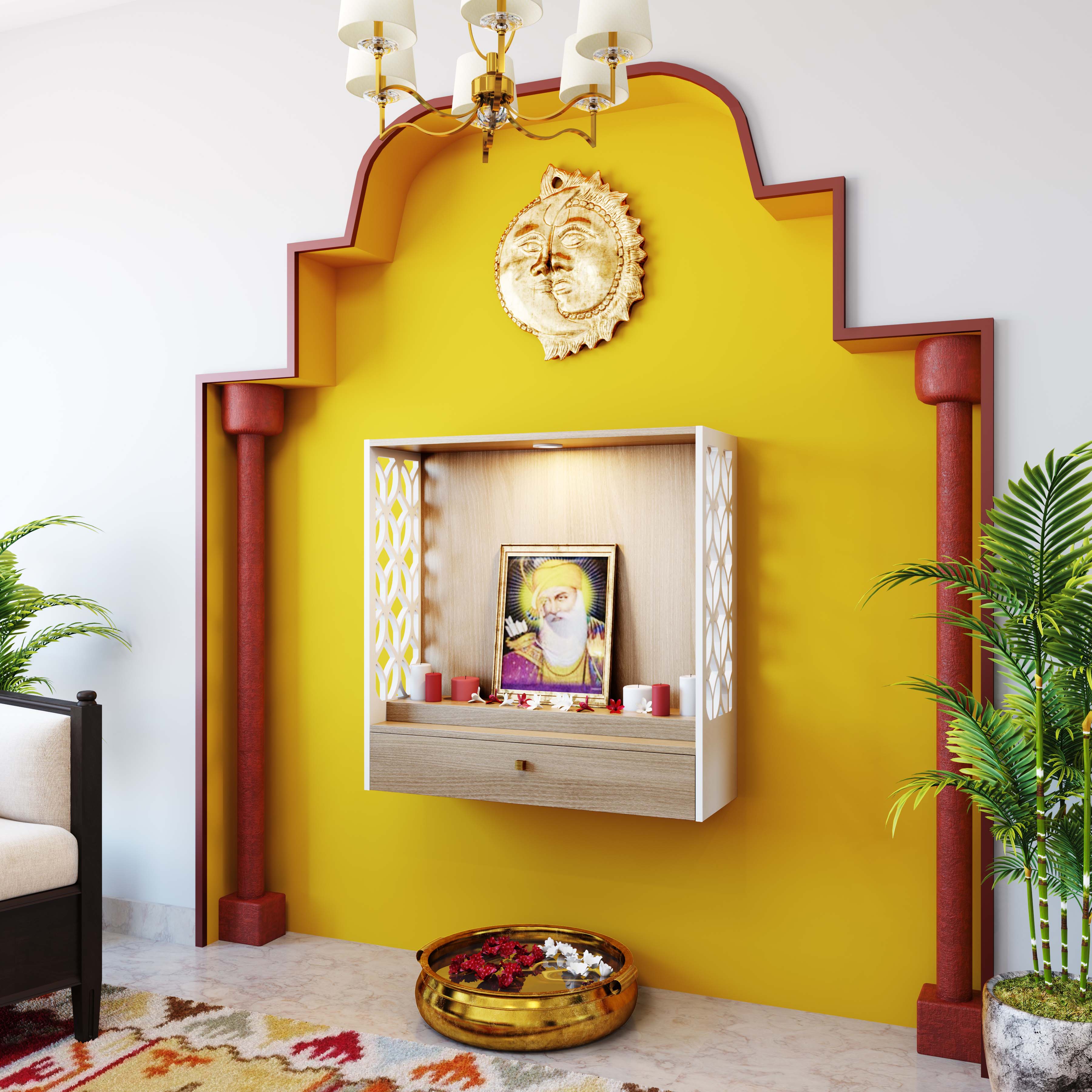 Indian Traditional Pooja Unit Design with Drawer and Overhead Lighting ...