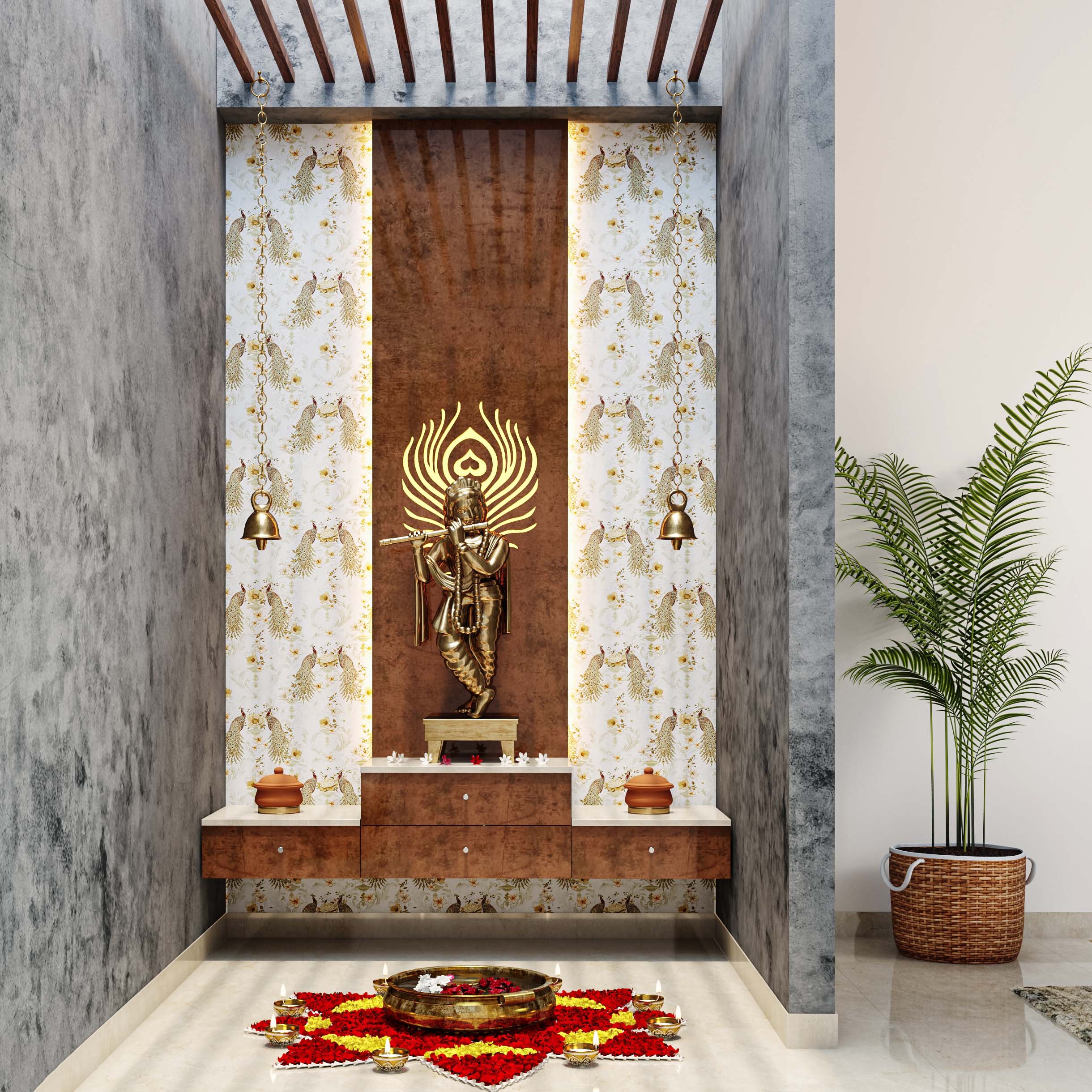 Modern Pooja Unit Design with Double-Level Storage and Concrete ...