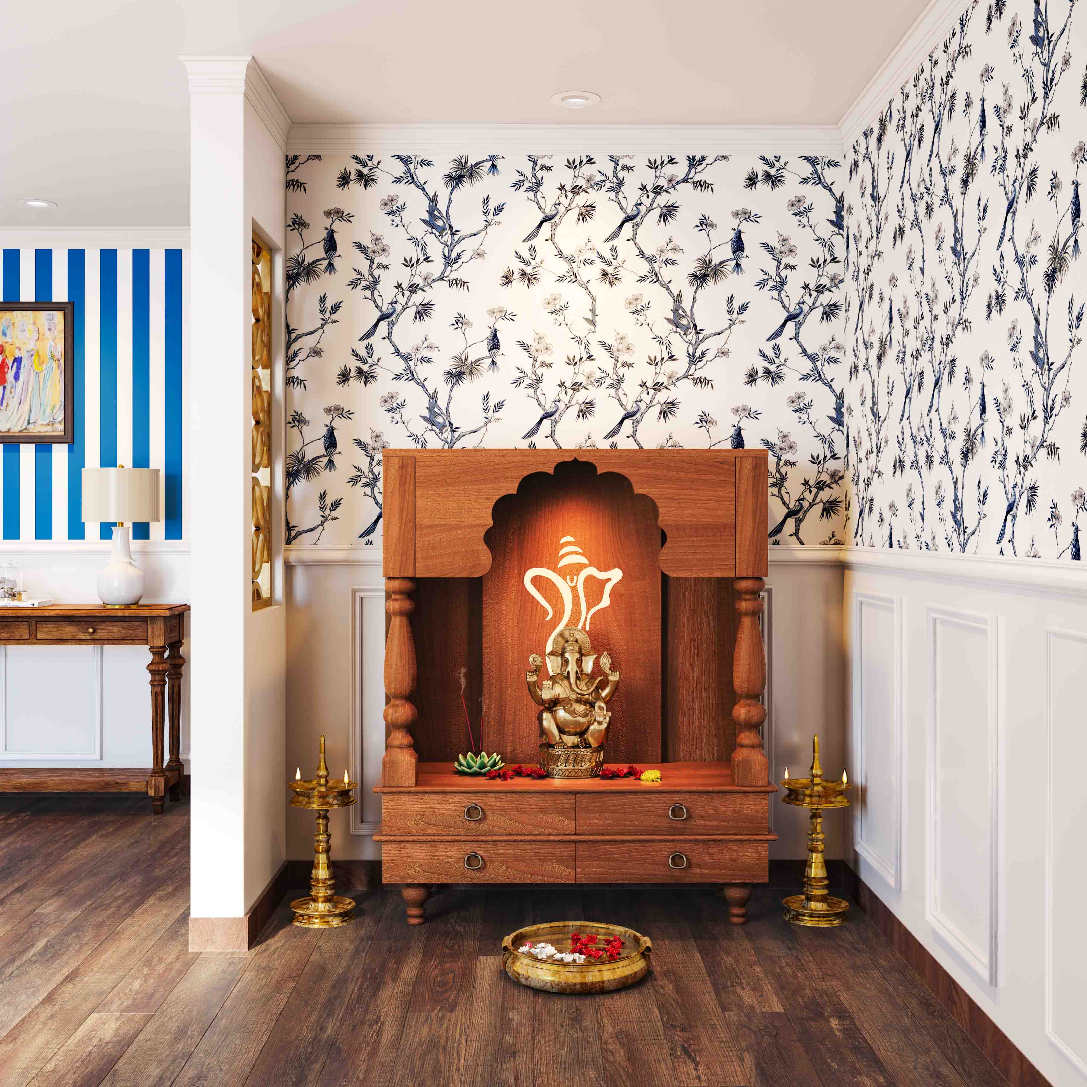 Mid-Century Modern Floor-Mounted Pooja Unit Design with Back Lighting ...