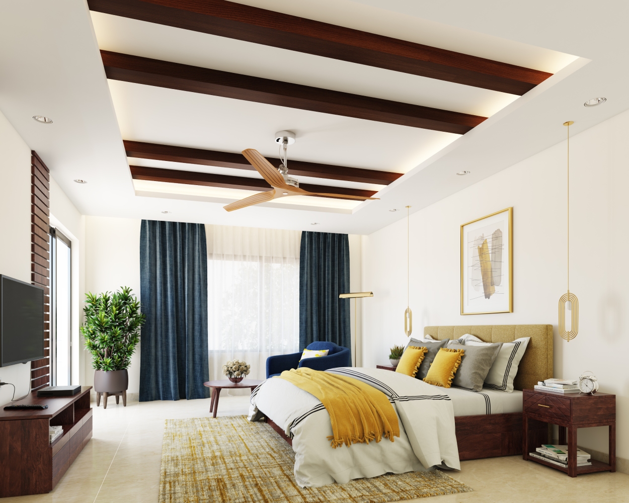Peripheral Rectangle Gypsum False Ceiling Design with Wooden Slats and Paint Finish | Livspace