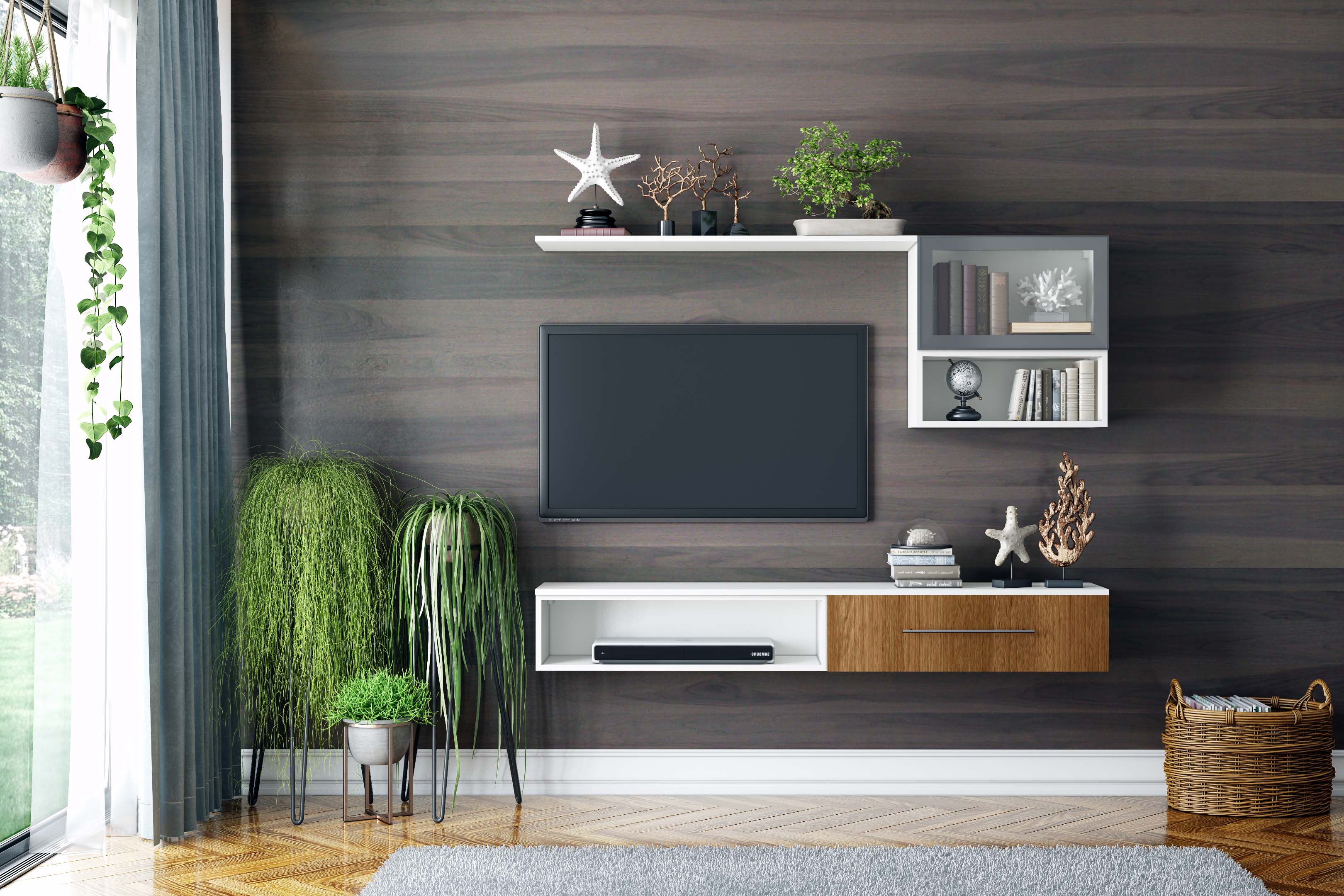 Walnut Bronze and Frosty White Modern TV Unit Design with Open and ...