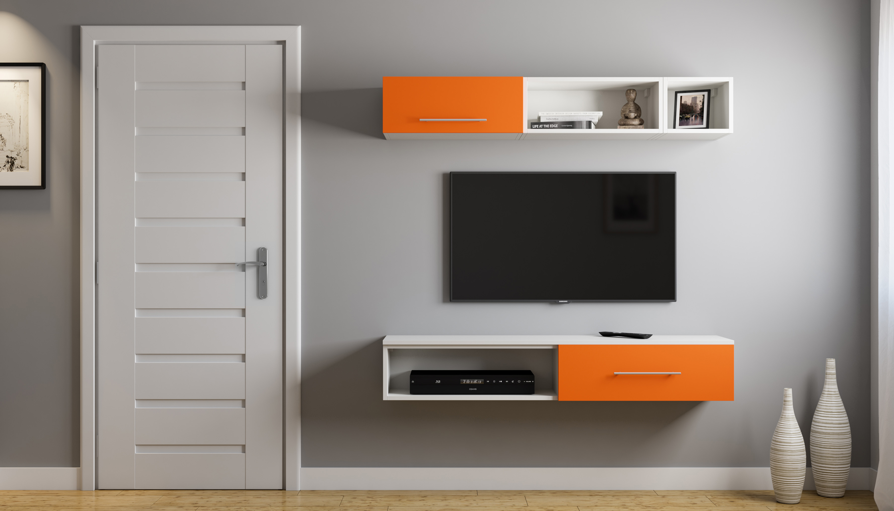 Wall-Mounted Modern TV Unit Design with Playful Orange Accents and ...