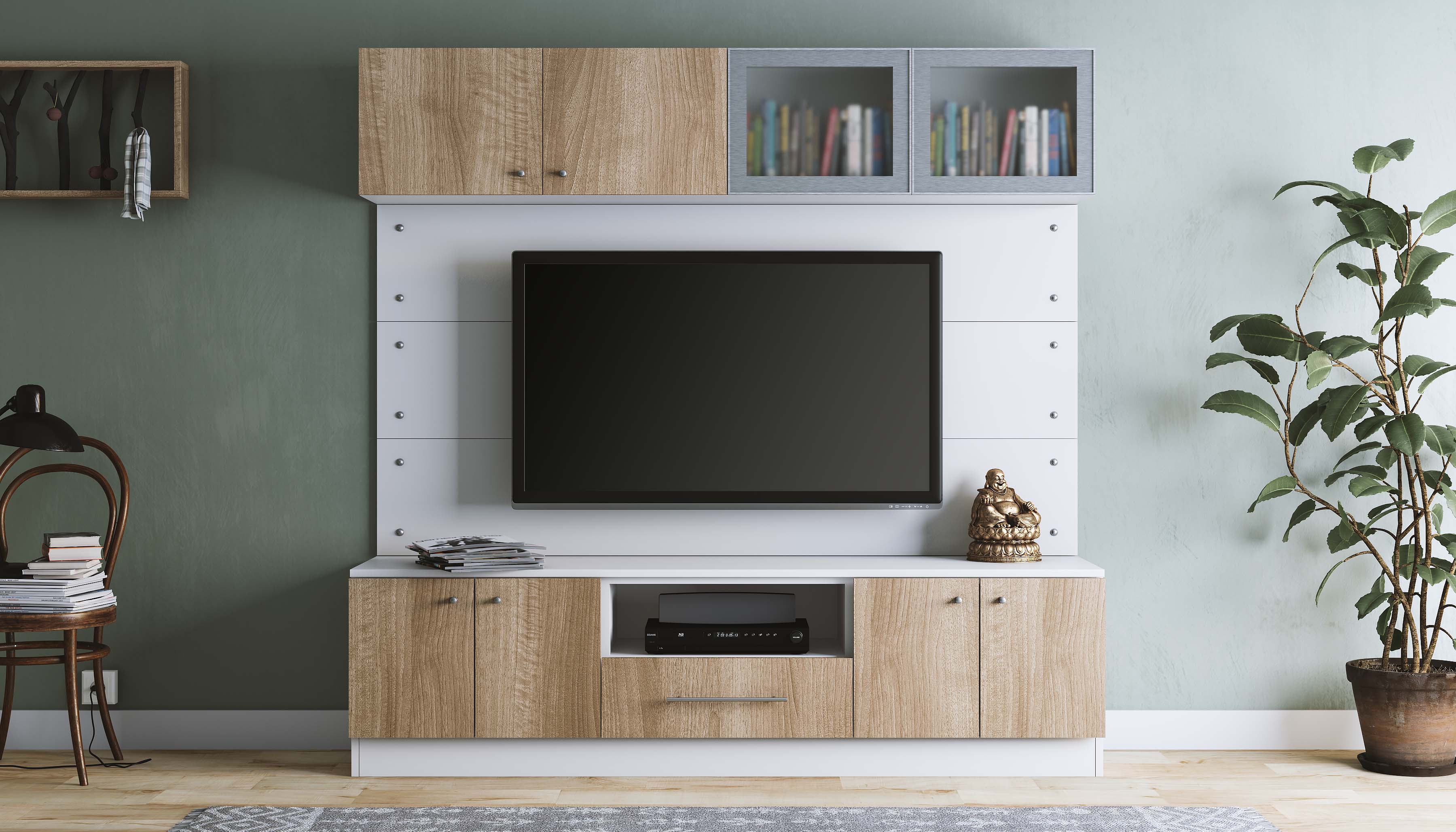 Floor-Mounted Contemporary TV Unit Design with Sage Green Wall and ...